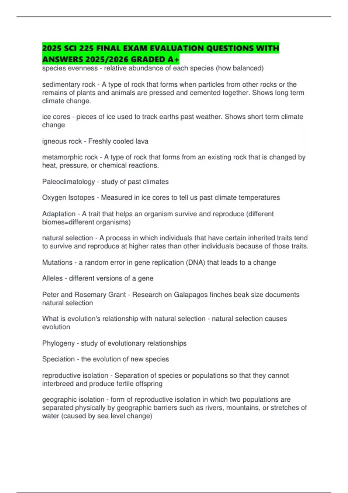 2025 SCI 225 FINAL EXAM EVALUATION QUESTIONS WITH ANSWERS 2025/2026 ...