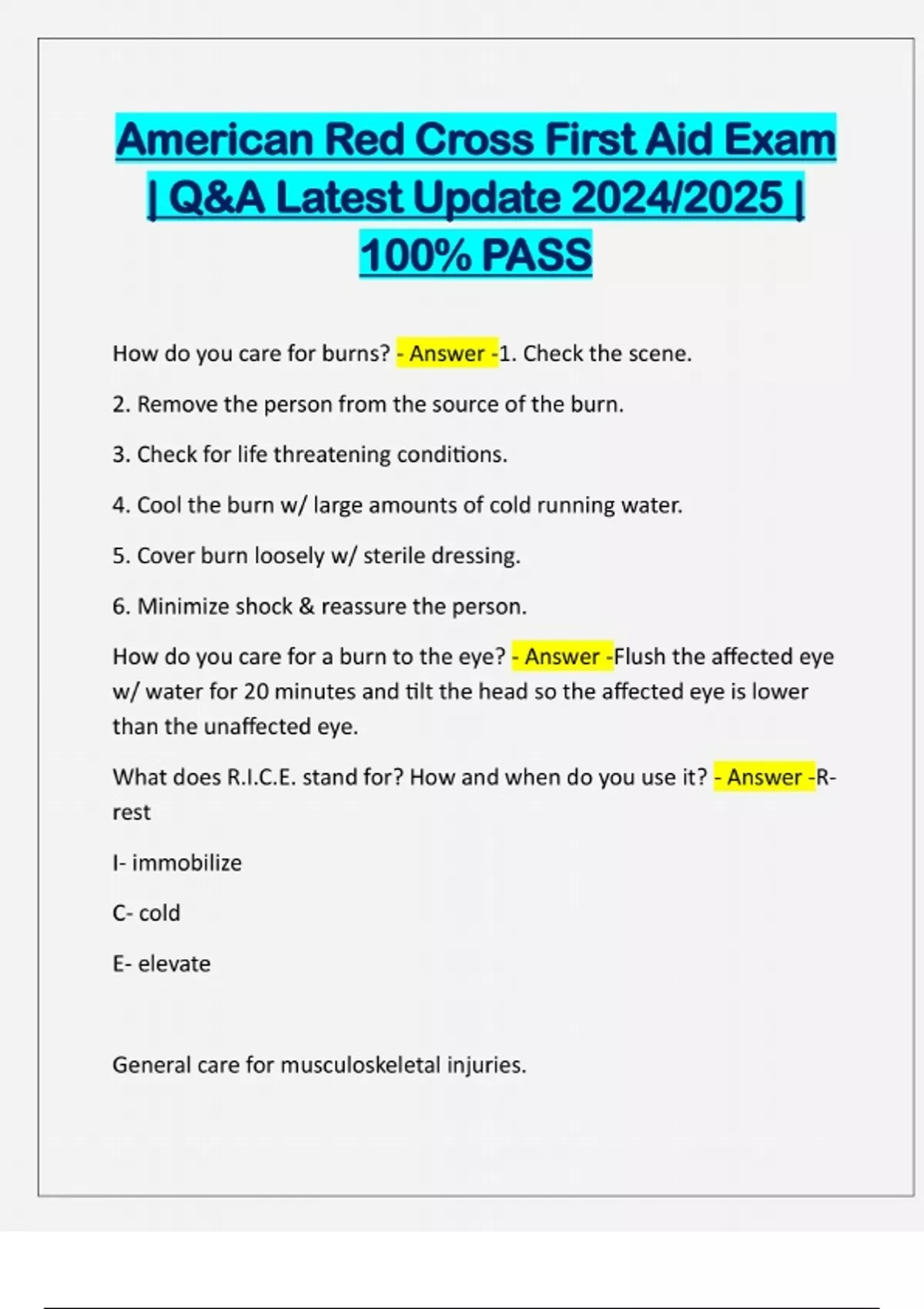 American Red Cross First Aid Exam | Q&A Latest Update 2024/2025 | 100% ...