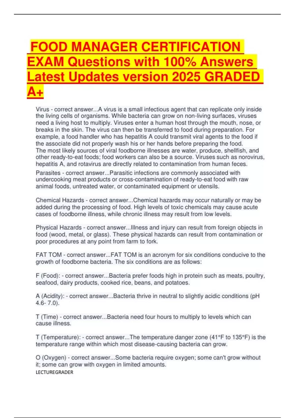 FOOD SAFETY MANAGER EXAM Questions and Answers Latest Versions 2025 ...