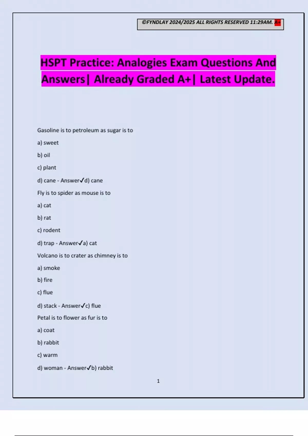 HSPT Practice: Analogies Exam Questions And Answers| Already Graded A+ ...