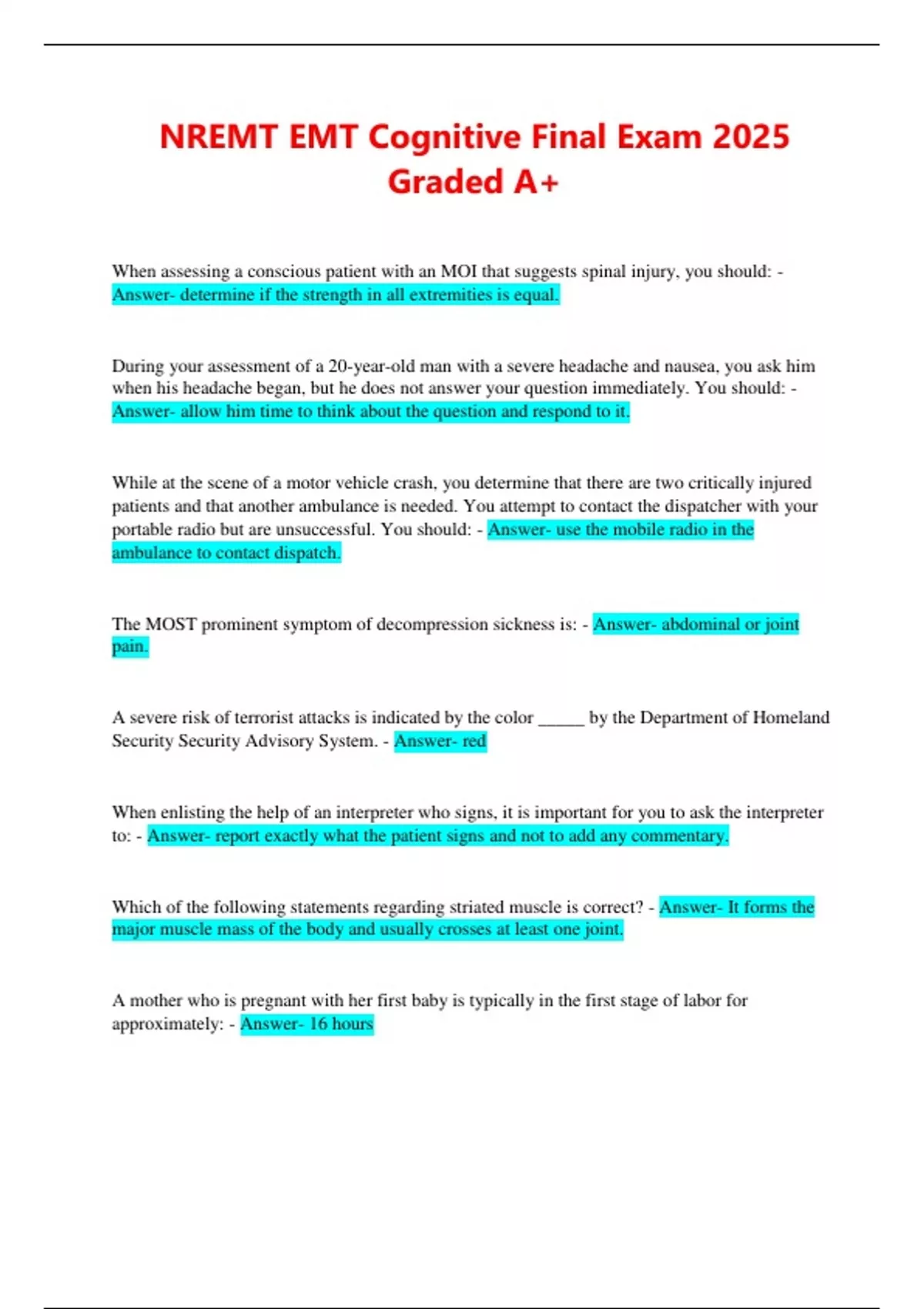 NREMT EMT Cognitive Final Exam 2025 Graded A+ - NREMT EMT Cognitive ...