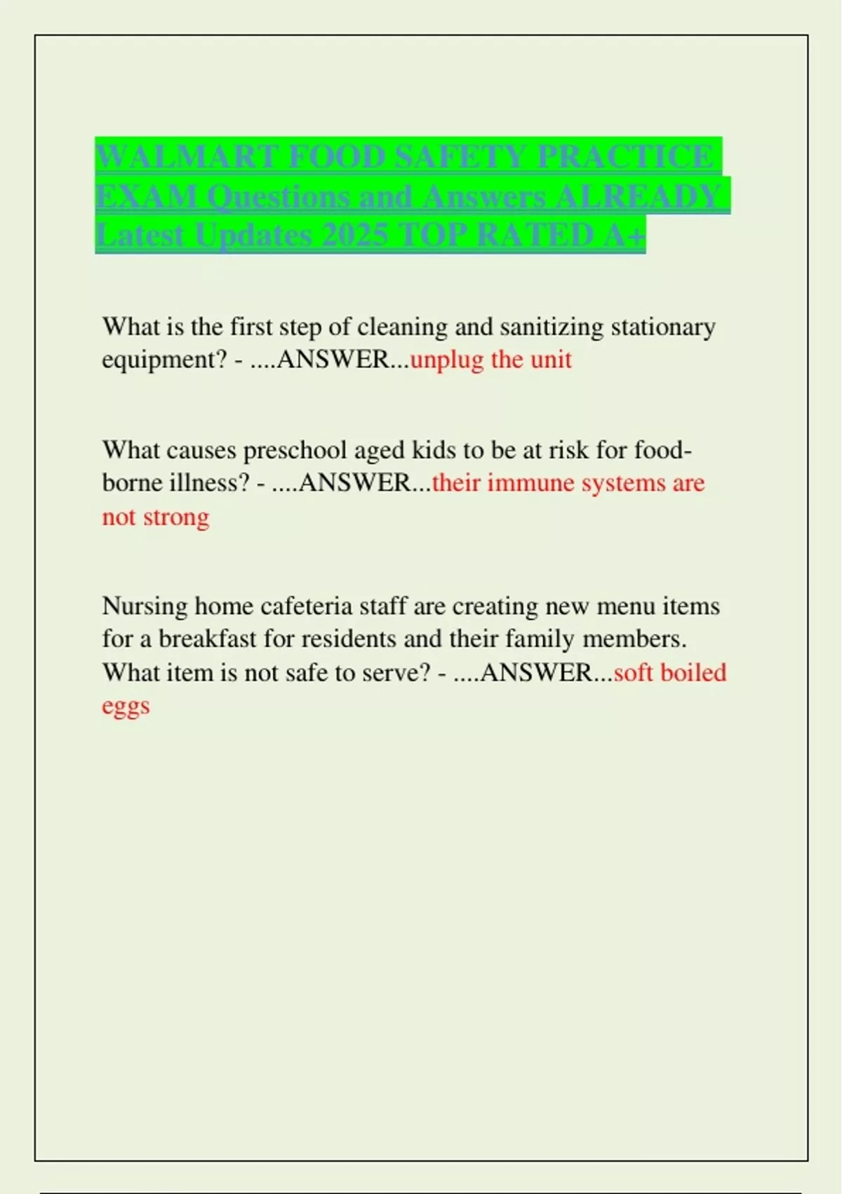 WALMART FOOD SAFETY PRACTICE EXAM Questions and Answers ALREADY Latest ...