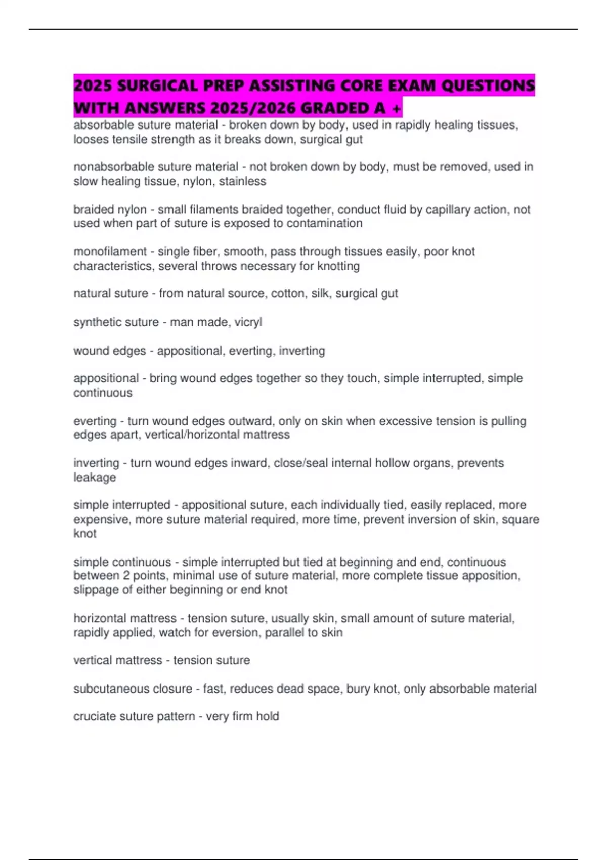 2025 SURGICAL PREP ASSISTING CORE EXAM QUESTIONS WITH ANSWERS 2025/2026 ...