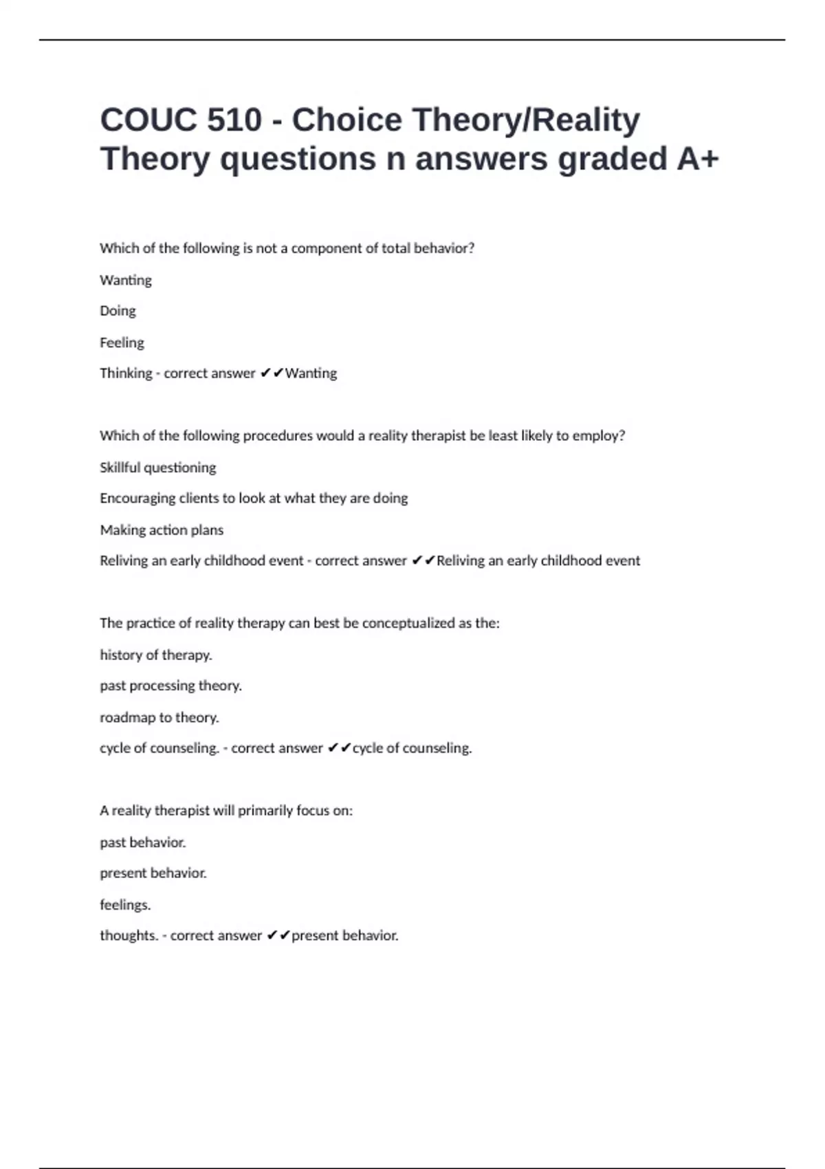 COUC 510 - Choice Theory/Reality Theory questions n answers graded A+ ...