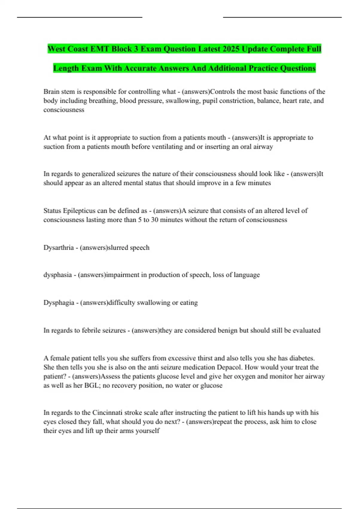 West Coast EMT Block 3 Exam Question Latest 2025 Update Complete Full ...