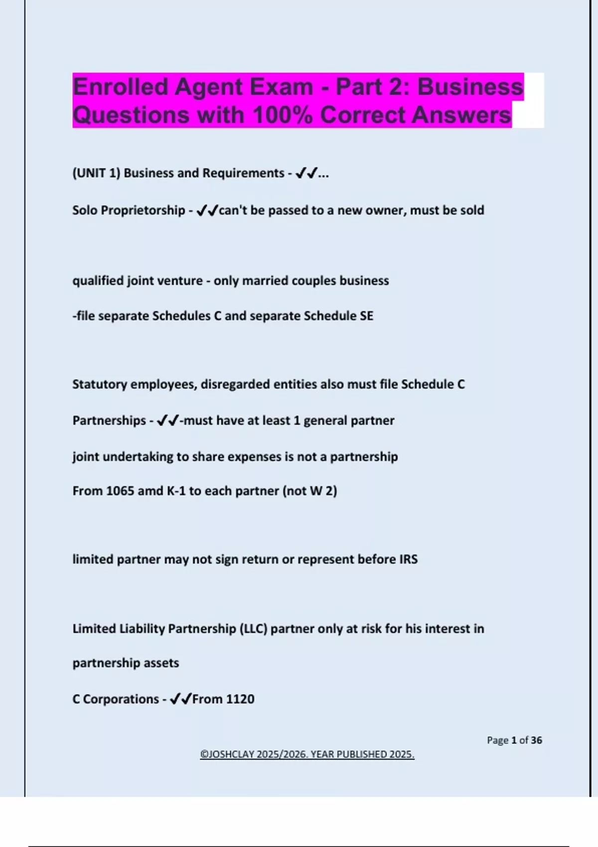 Enrolled Agent Exam - Part 2: Business Questions with 100% Correct ...