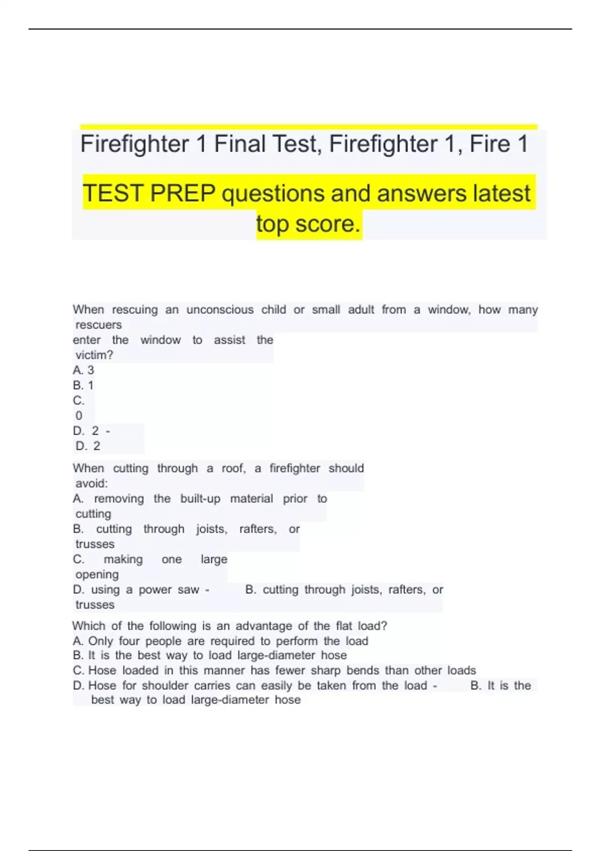 Firefighter 1 Final Test, Firefighter 1, Fire 1 TEST PREP questions and ...