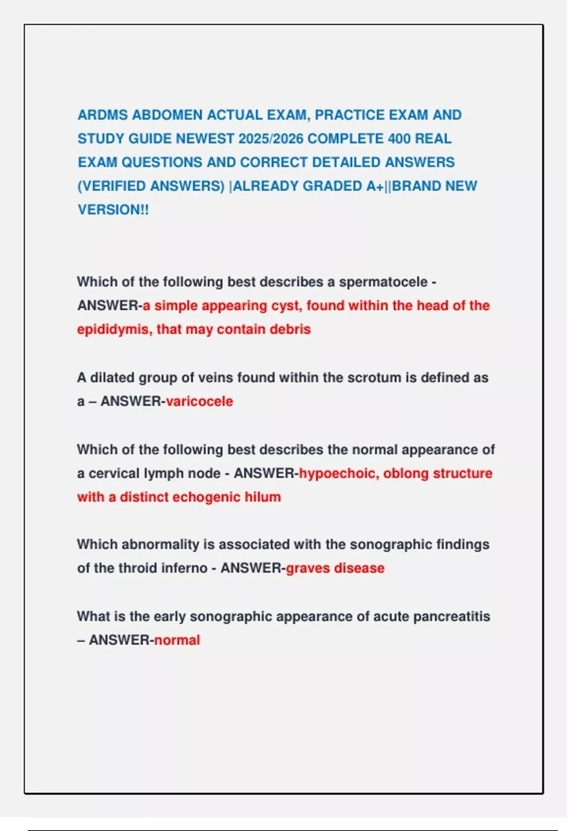 ARDMS ABDOMEN BOARD EXAMS 2024/2025&2025/2026 - Stuvia US