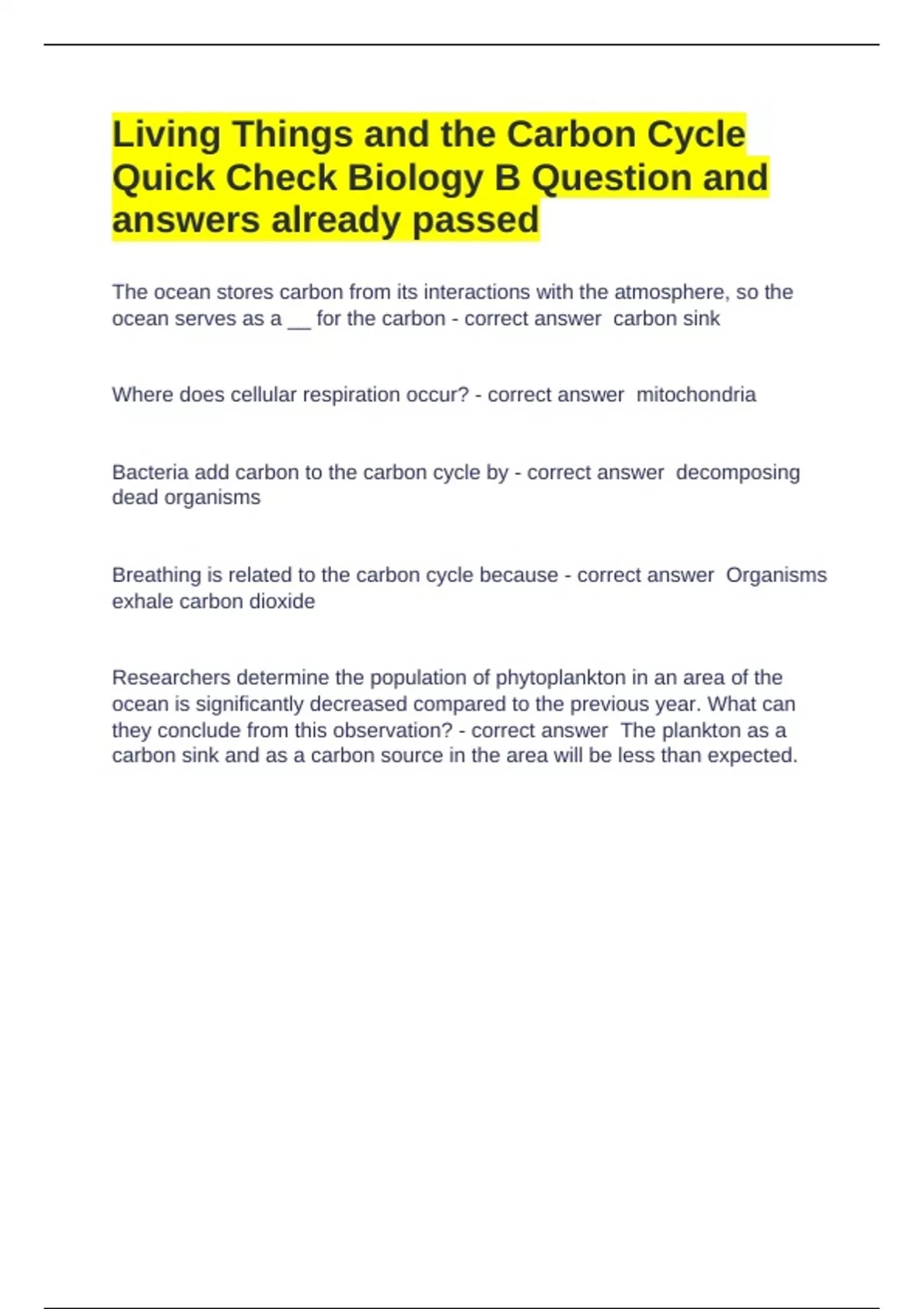 Living Things and the Carbon Cycle Quick Check Biology B Question and ...