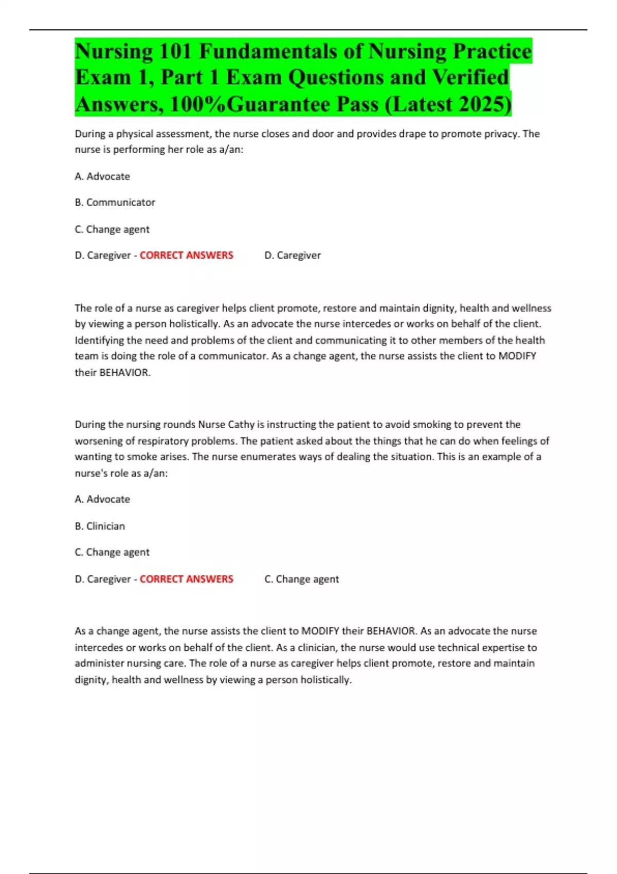 Nursing 101 Fundamentals of Nursing Practice Exam 1, Part 1 Exam Questions and Verified Answers ...