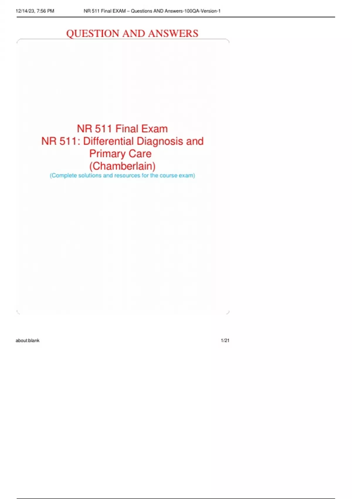 VERIFIED 2025 NR 511: Differential Diagnosis and Primary Care ...