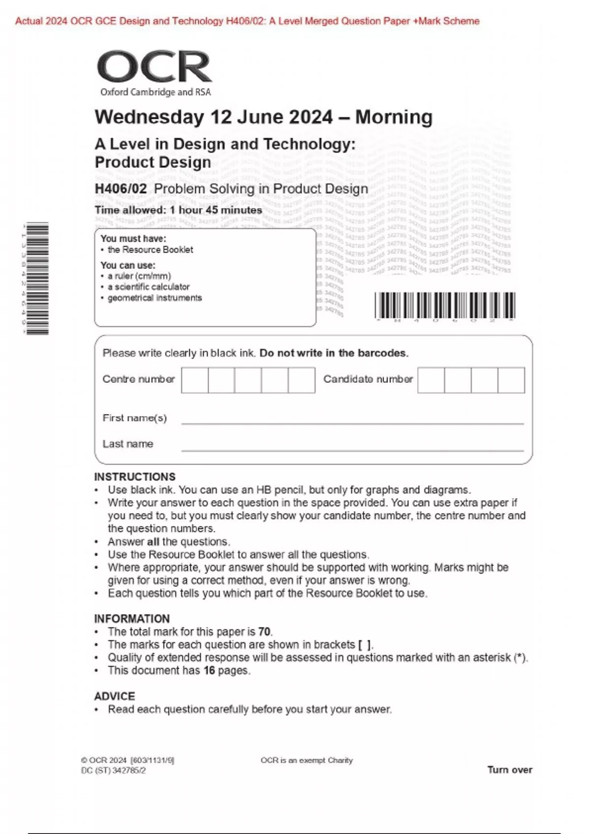 Actual 2024 OCR GCE Design and Technology H406/02: Problem solving in Product Design ALevel ...