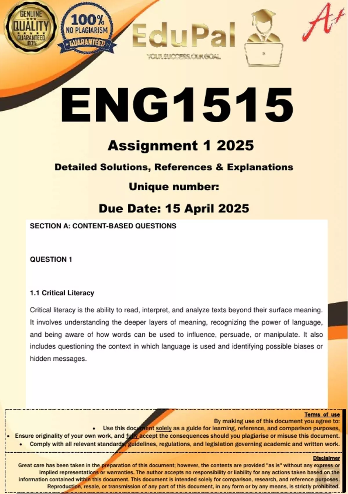 ENG1515 Assignment 1 (COMPLETE ANSWERS) 2025 - DUE 15 April 2025 ...
