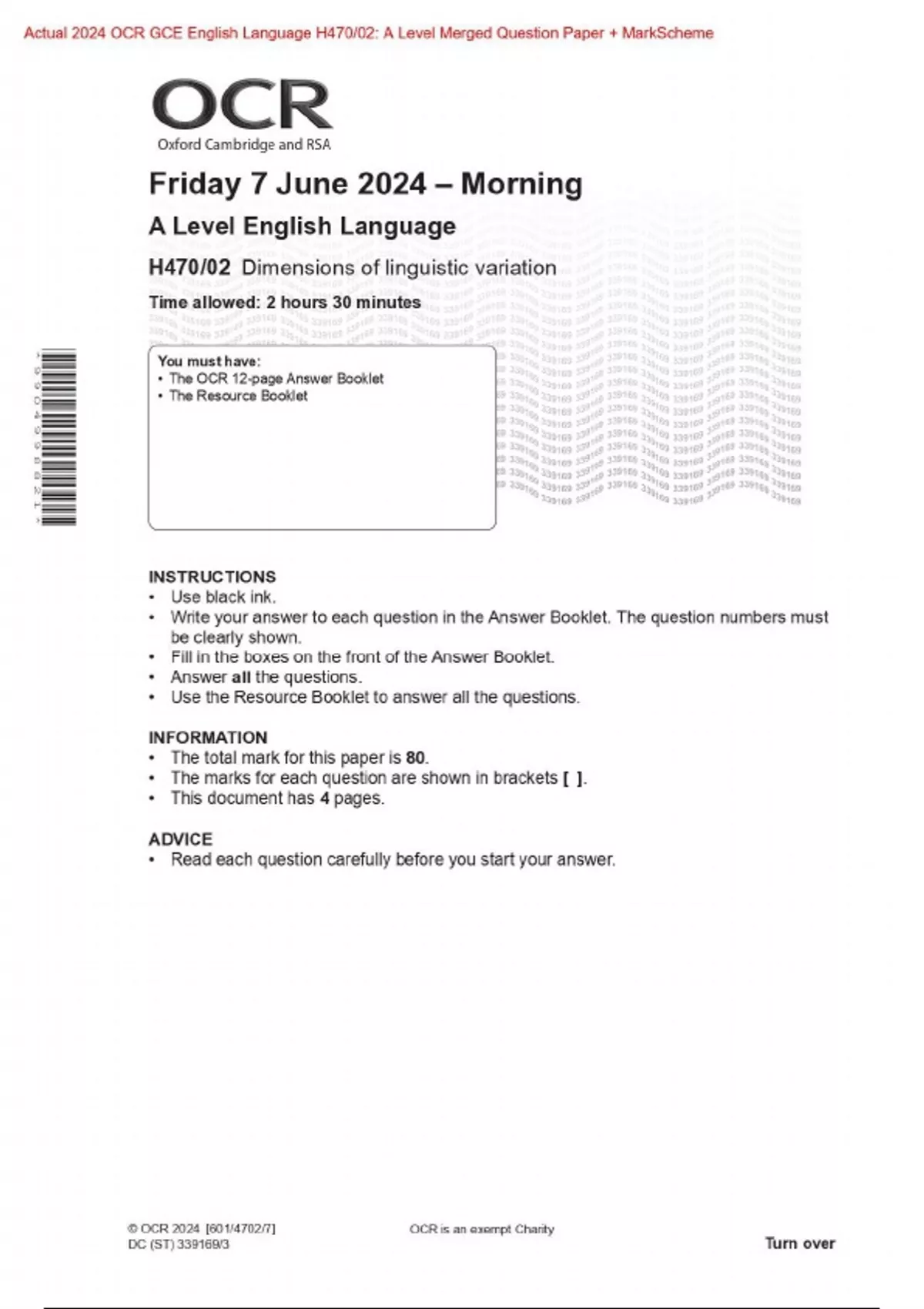 Actual 2024 OCR GCE English Language H470/02: Dimensions of linguistic ...
