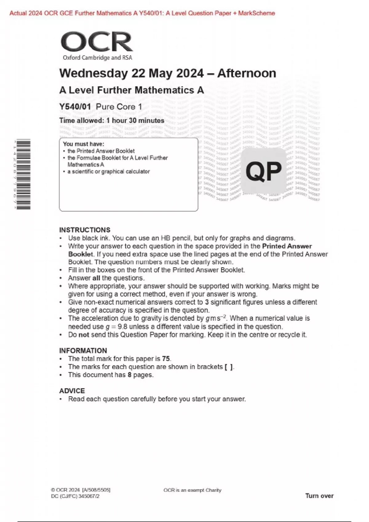 Actual 2024 OCR GCE Further Mathematics A Y540/01: Pure Core 1 A Level ...