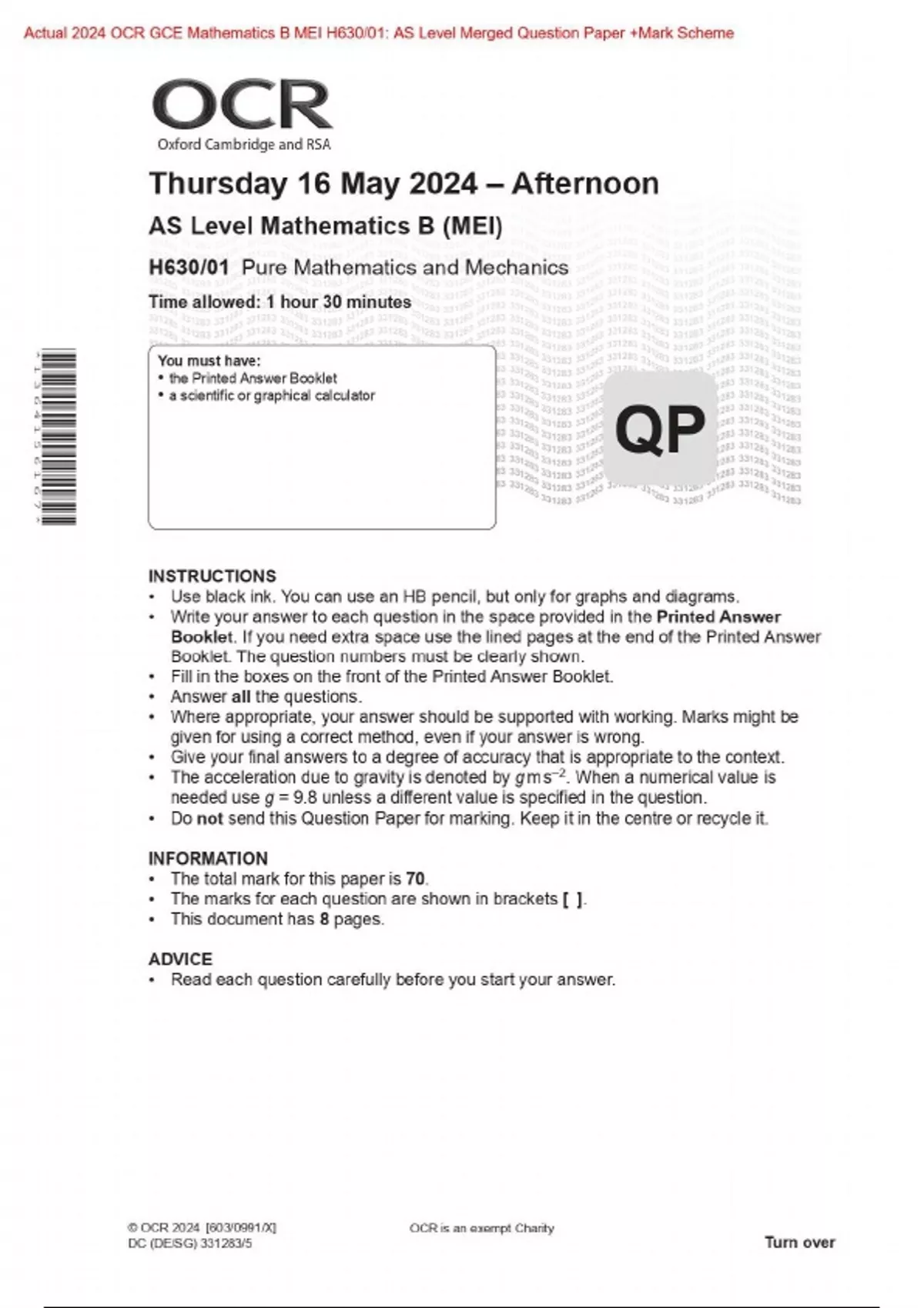 Actual 2024 OCR GCE Mathematics B MEI H630/01: Pure Mathematics and MechanicsAS Level Merged ...