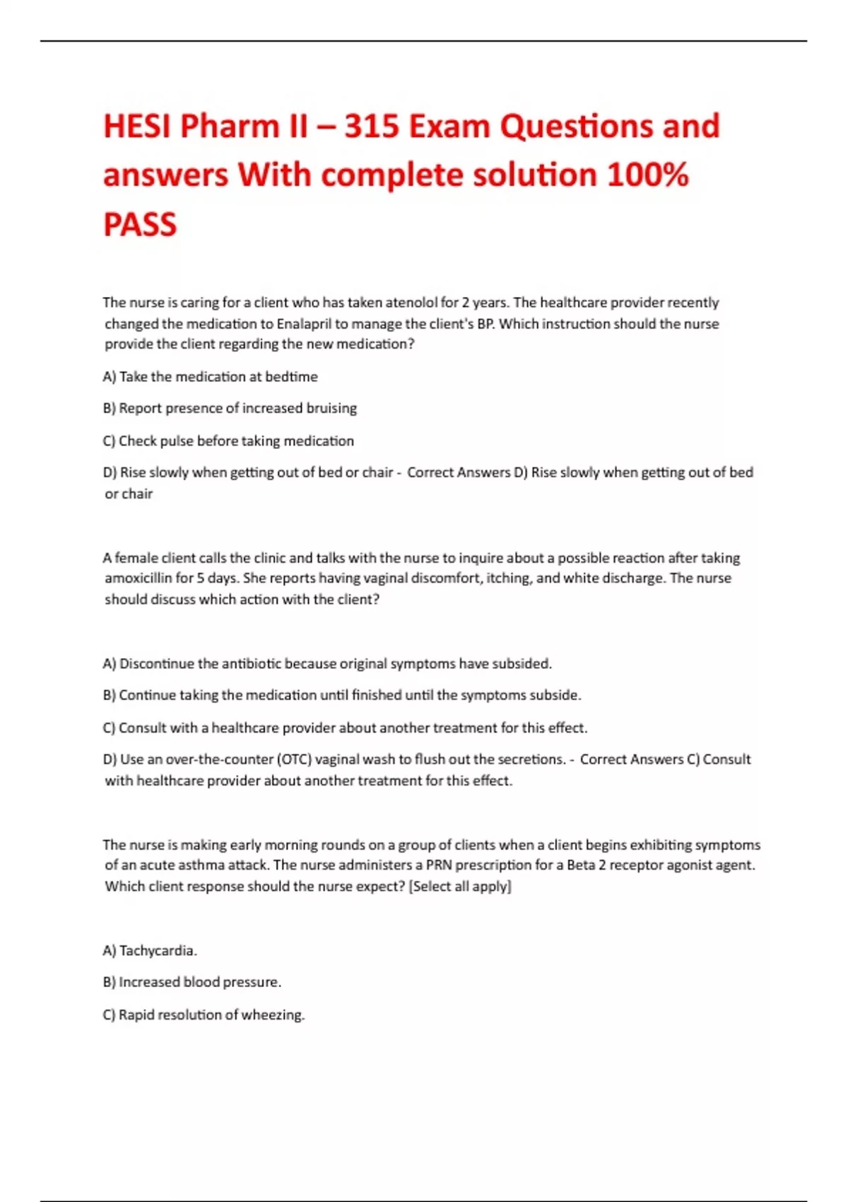 HESI Pharm II – 315 Exam Questions and answers With complete solution 100% PASS - HESI Pharm II ...