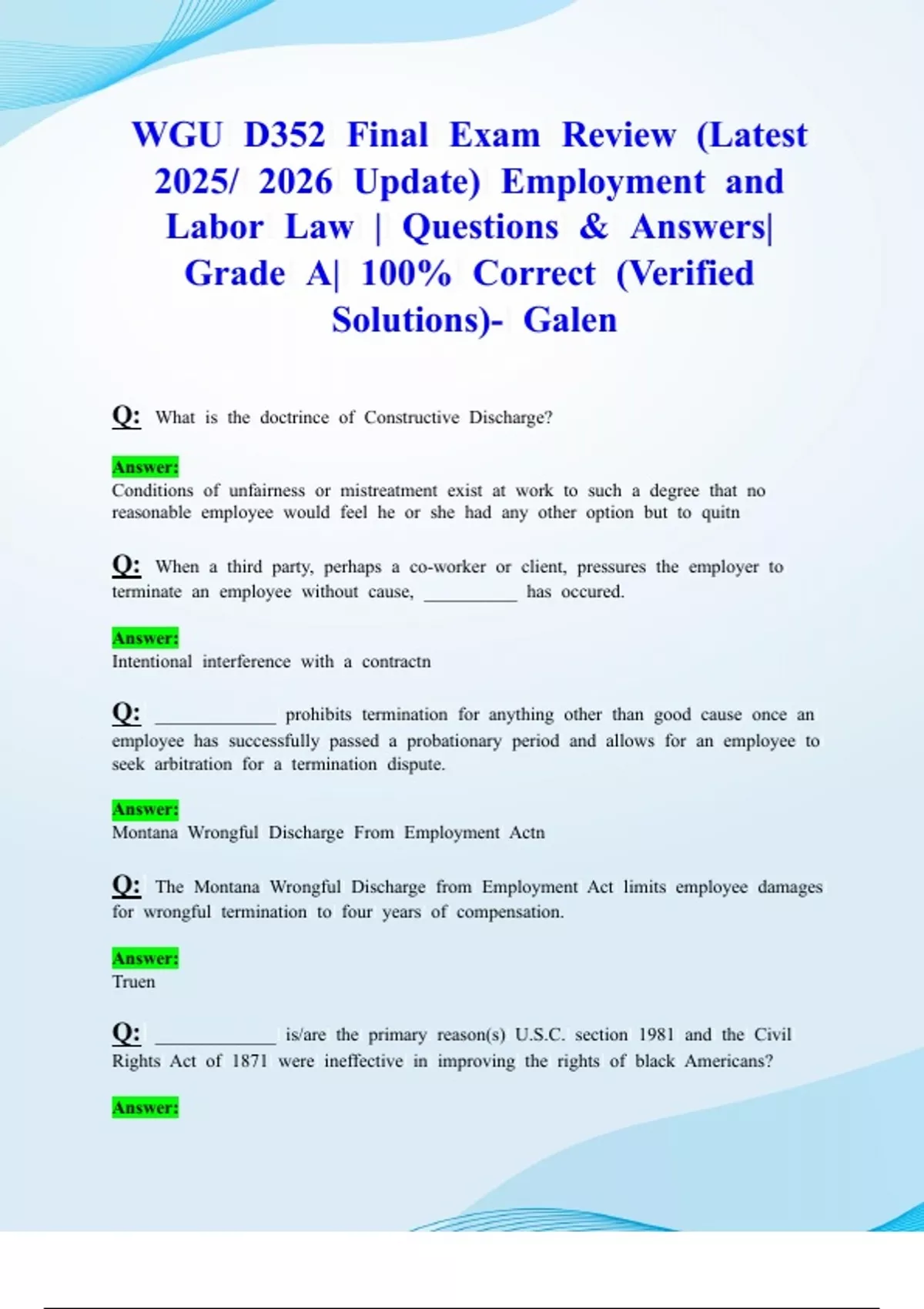 WGU D352 Final Exam Review (Latest 2025/ 2026 Update) Employment and ...