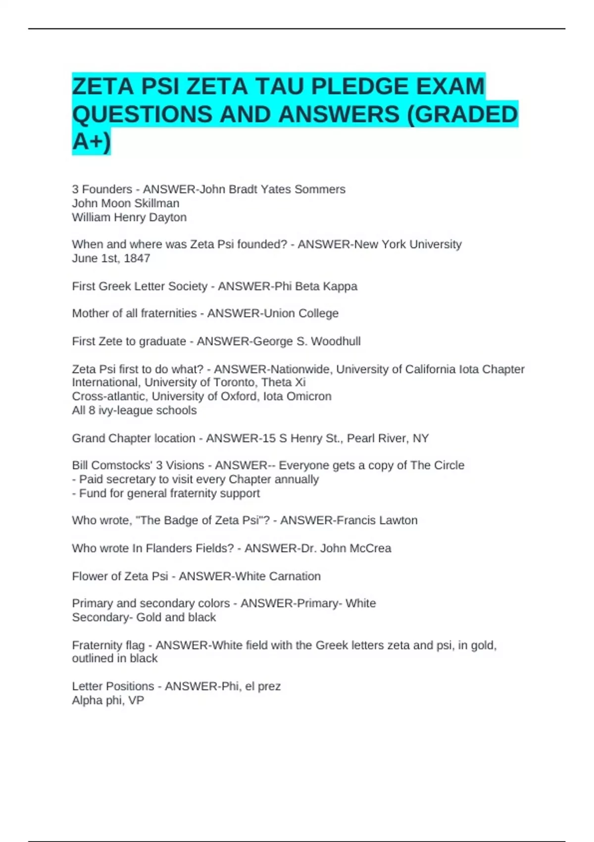 ZETA PSI ZETA TAU PLEDGE EXAM BUNDLE PACK|| QUESTIONS AND ANSWERS 100% ...