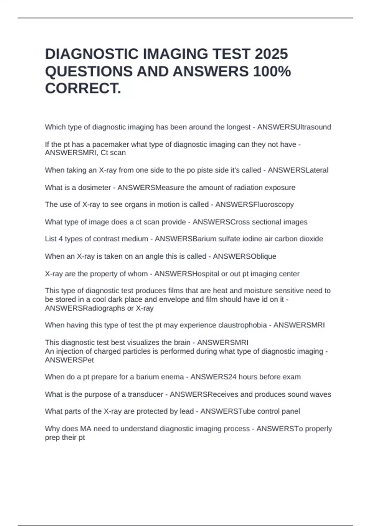 DIAGNOSTIC IMAGING TEST 2025 QUESTIONS AND ANSWERS 100% CORRECT ...