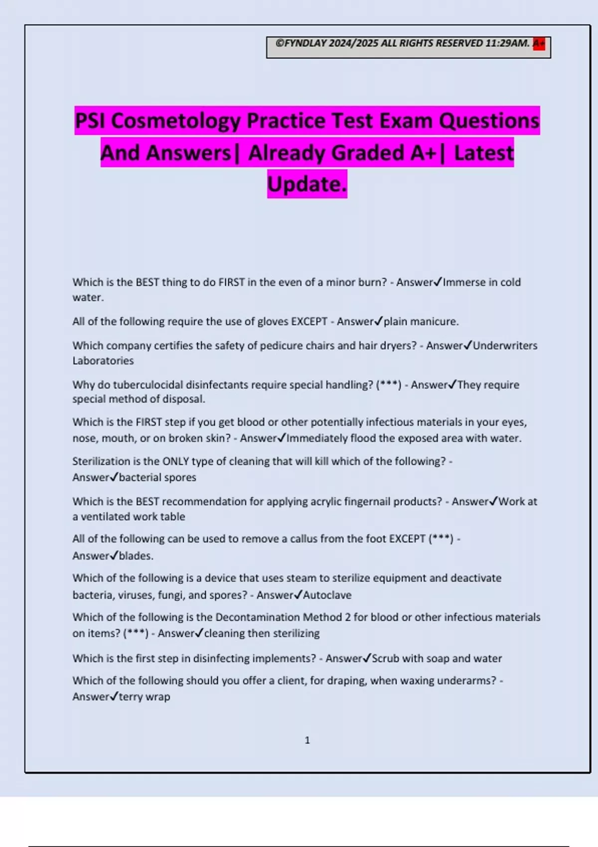 PSI Cosmetology Practice Test Exam Questions And Answers| Already ...
