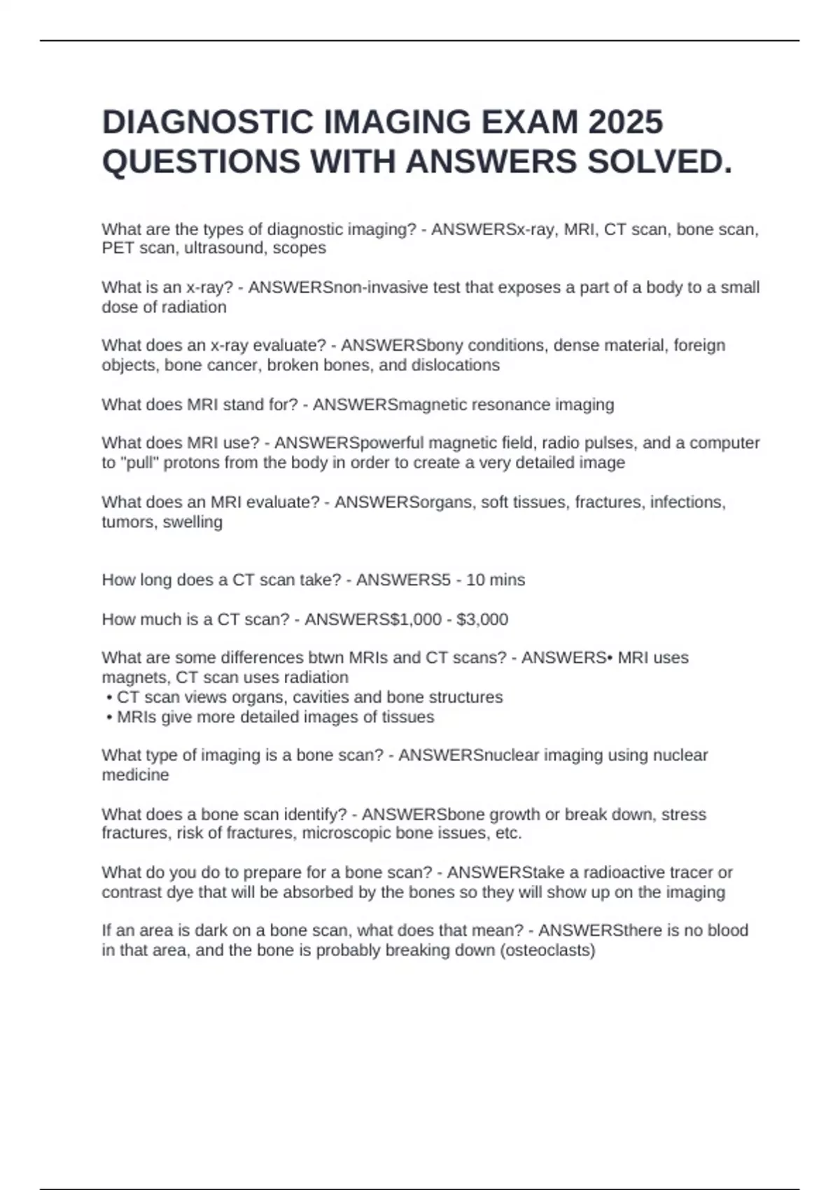 DIAGNOSTIC IMAGING EXAM 2025 QUESTIONS WITH ANSWERS SOLVED ...