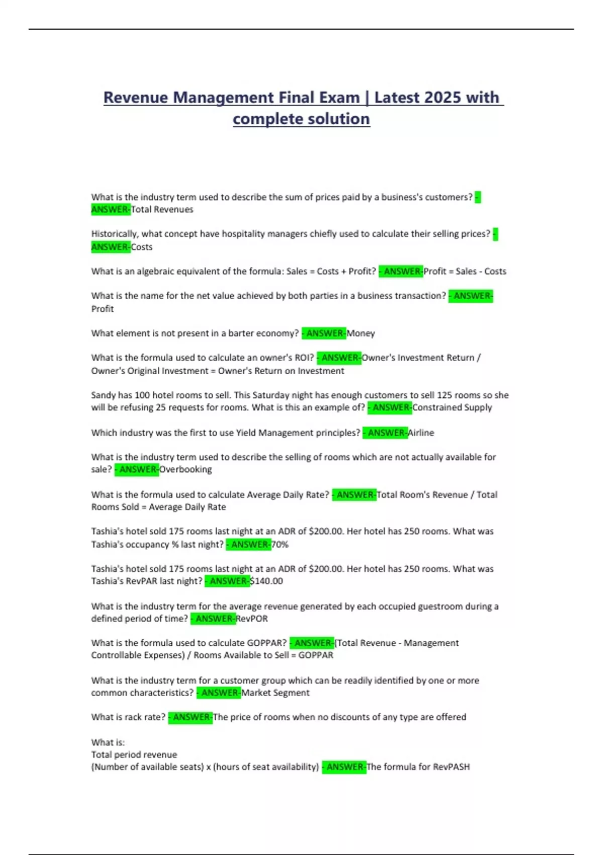 Revenue Management Final Exam | Latest 2025 with complete solutions ...