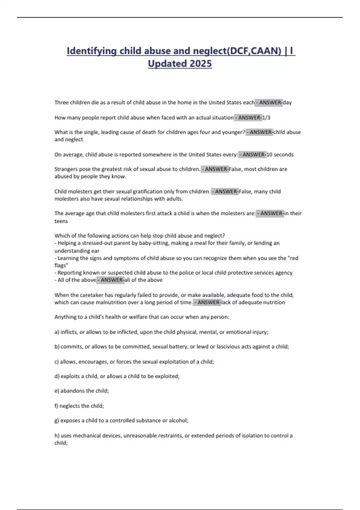 Identifying child abuse and neglect(DCF,CAAN) | l Updated 2025 - Child abuse and neglect - Stuvia US