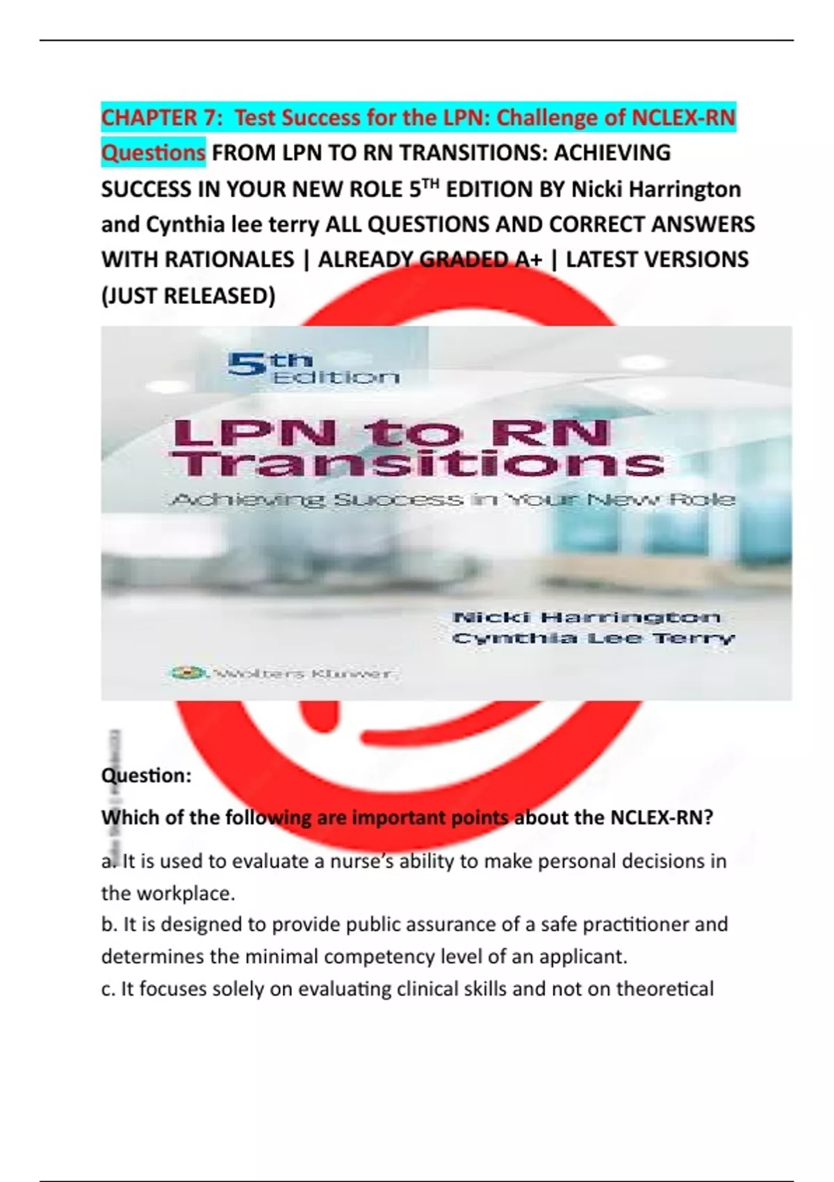 CHAPTER 7: Test Success for the LPN: Challenge of NCLEX-RN Questions ...