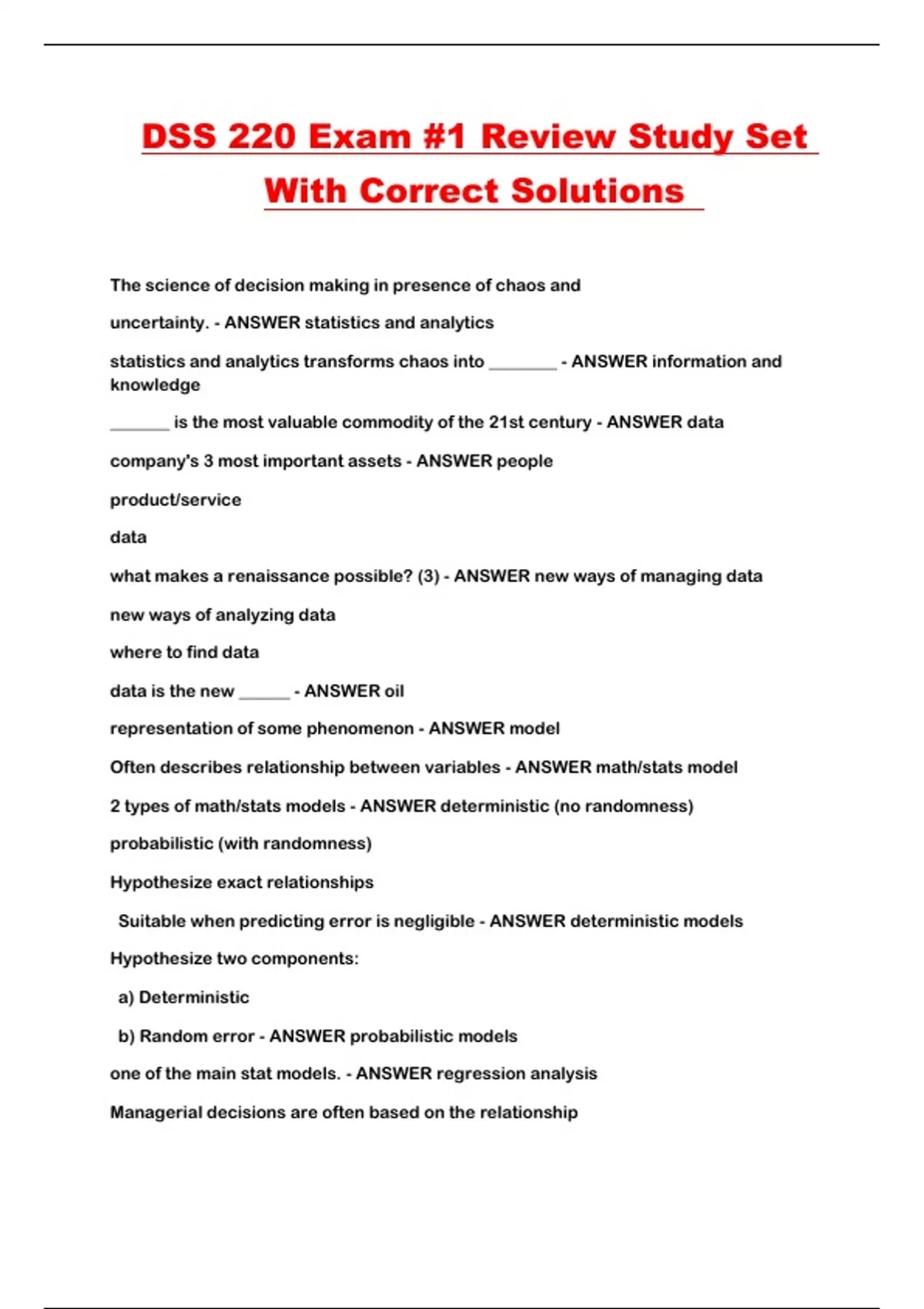 DSS 220 Exam #1 Review Study Set With Correct Solutions - DSS 220 - Stuvia US