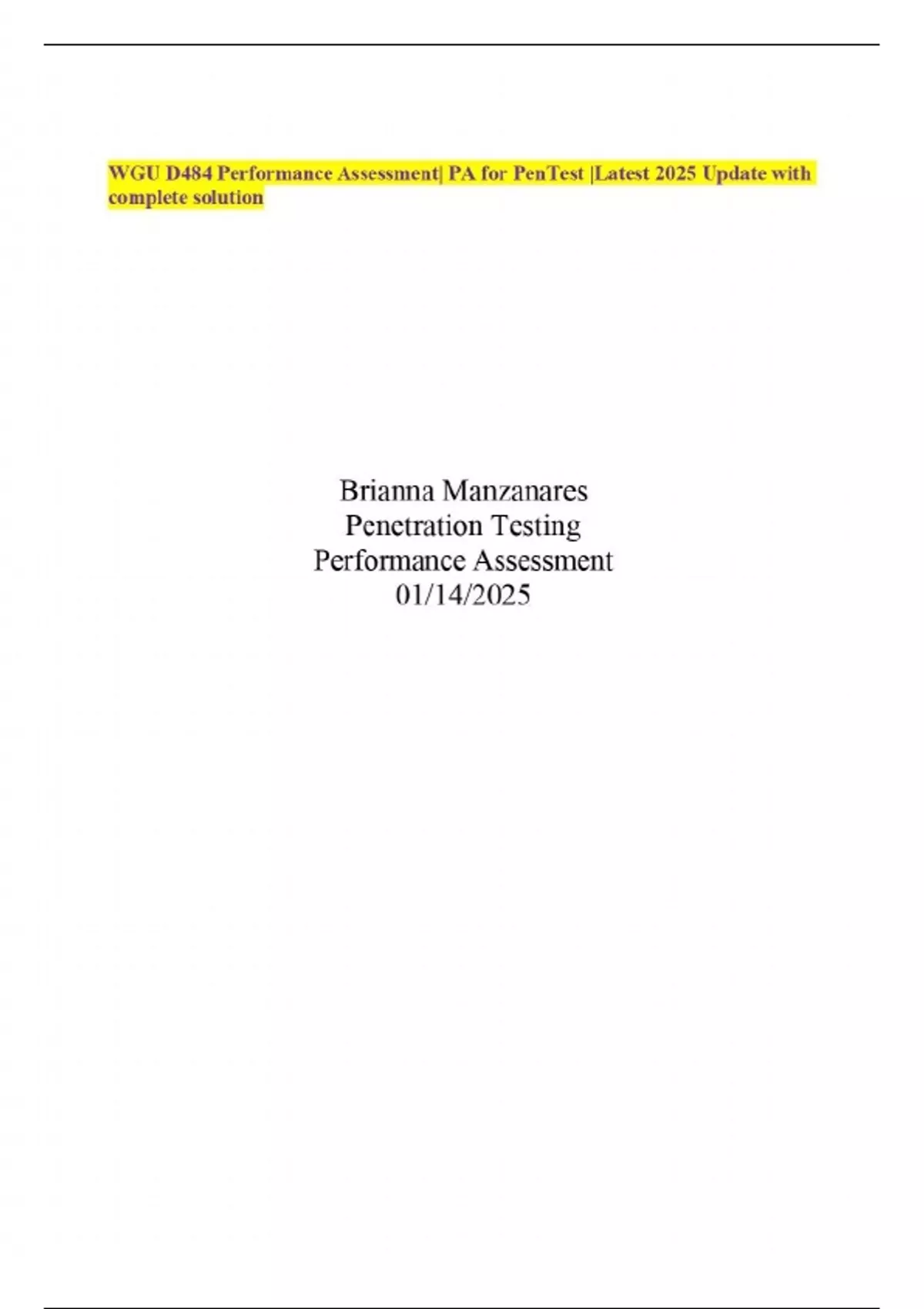 WGU D484 Performance Assessment| PA for PenTest |Latest 2025 Update ...