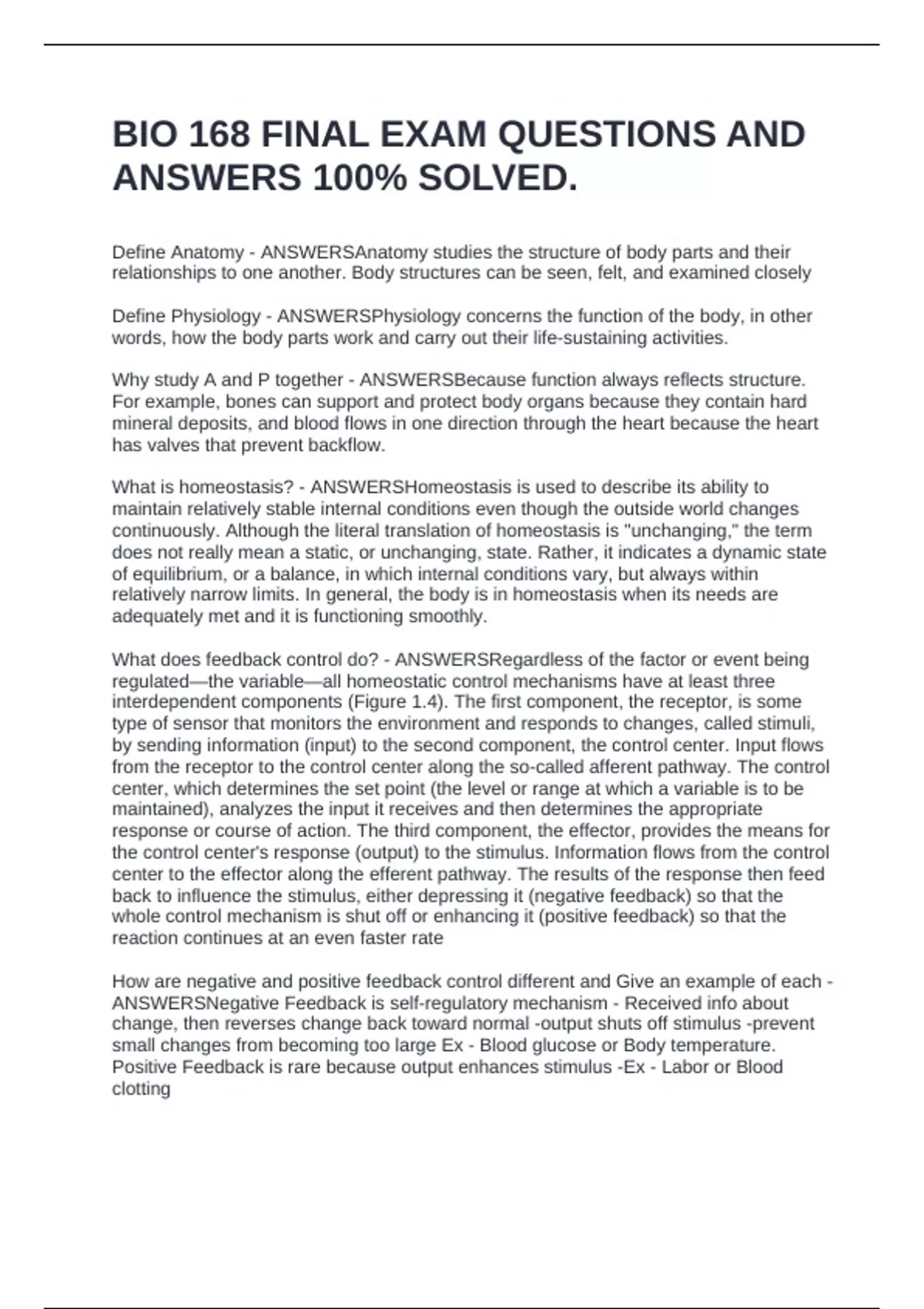 BIO 168 FINAL EXAM QUESTIONS AND ANSWERS 100% SOLVED. - BIO 168 - Stuvia US