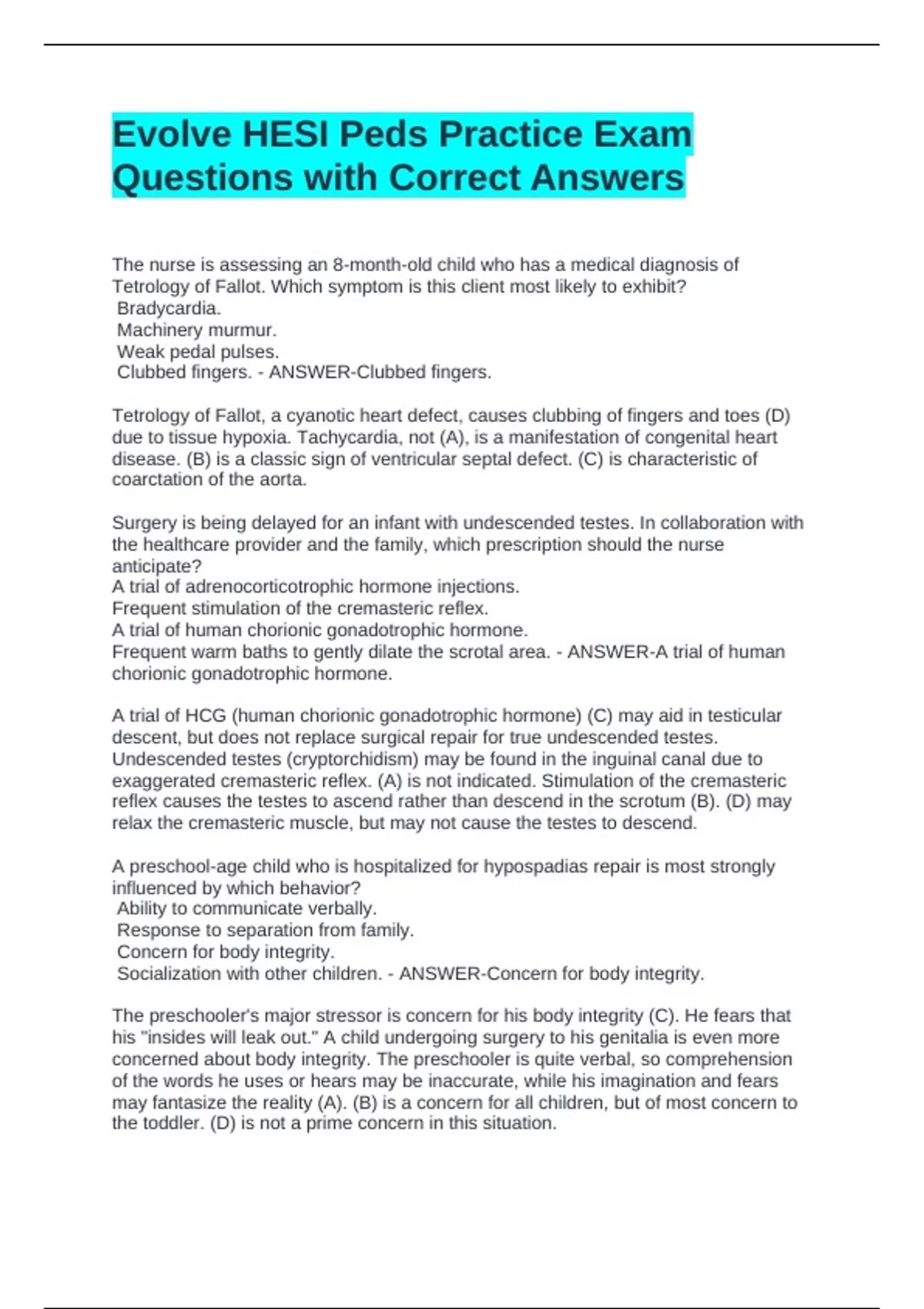 Evolve HESI Peds Practice Exam Questions with Correct Answers ...