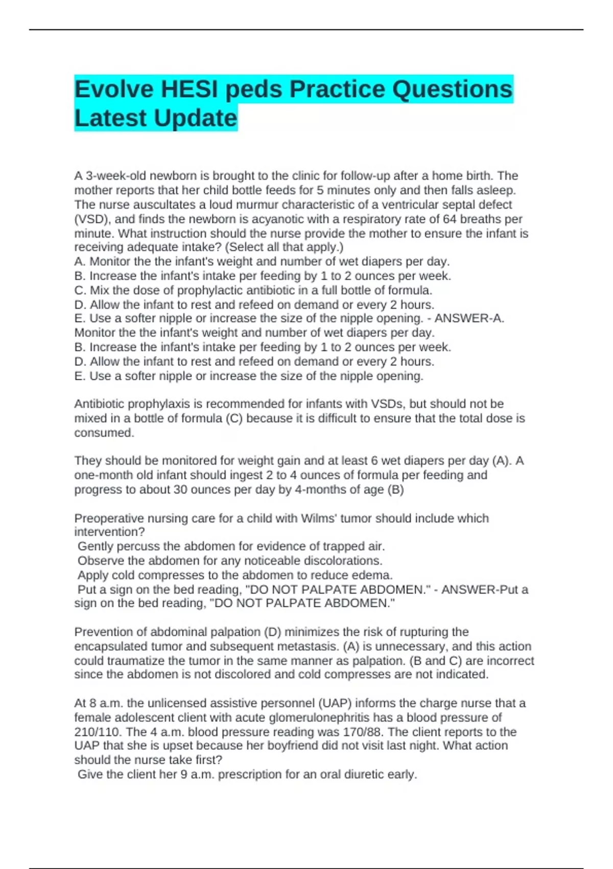 Evolve HESI peds Practice Questions Latest Update - Maternity ...