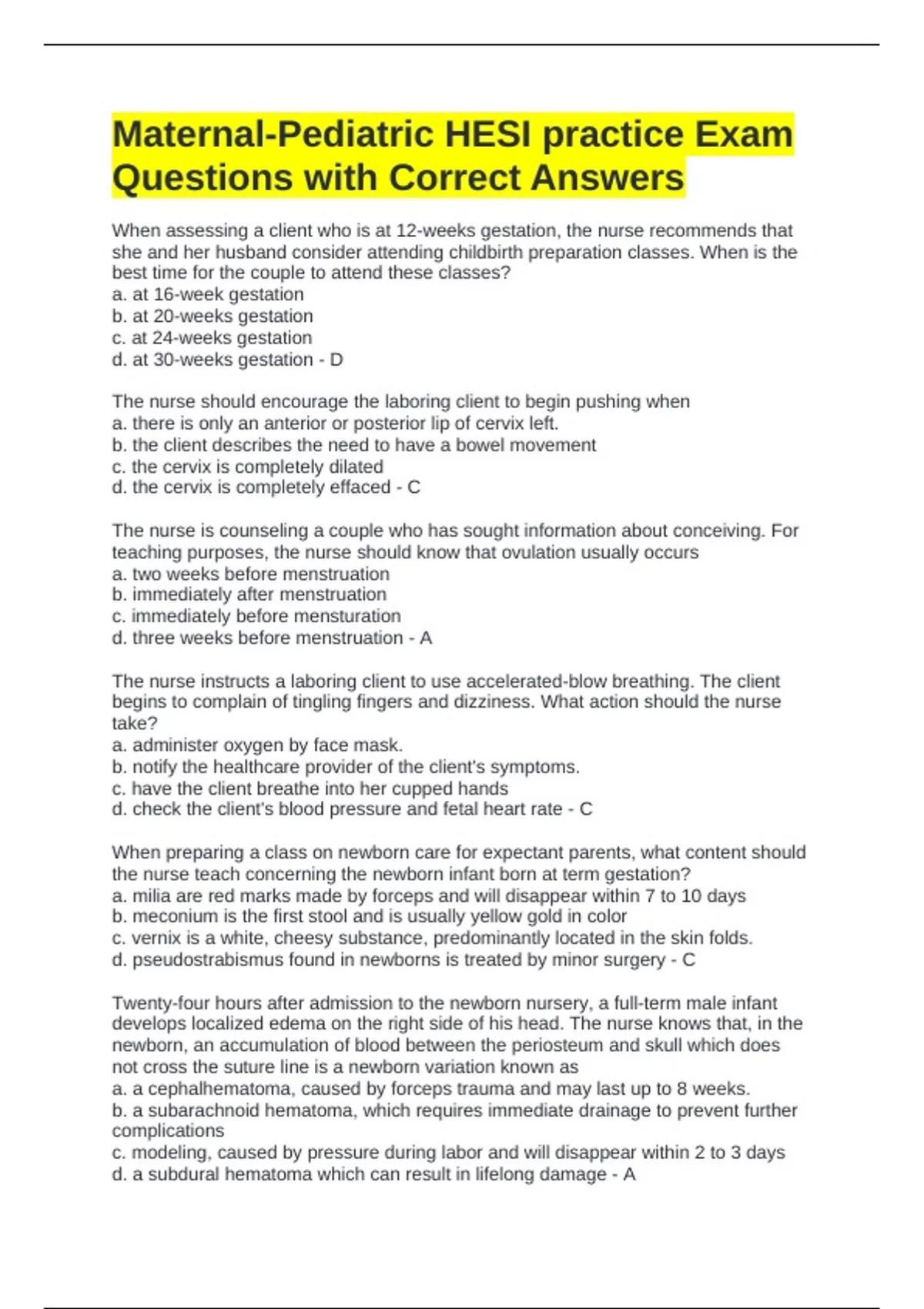 Maternal-Pediatric HESI practice Exam Questions with Correct Answers ...