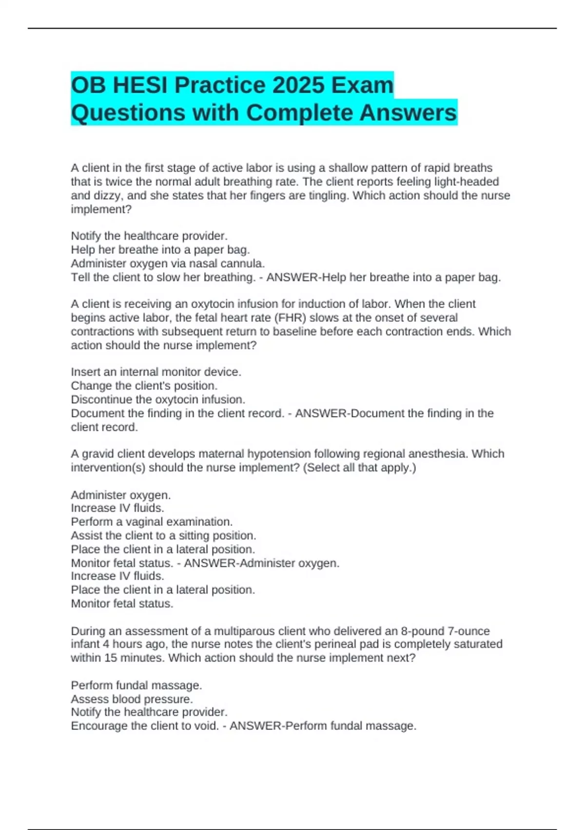 OB HESI Practice 2025 Exam Questions with Complete Answers - Maternity ...