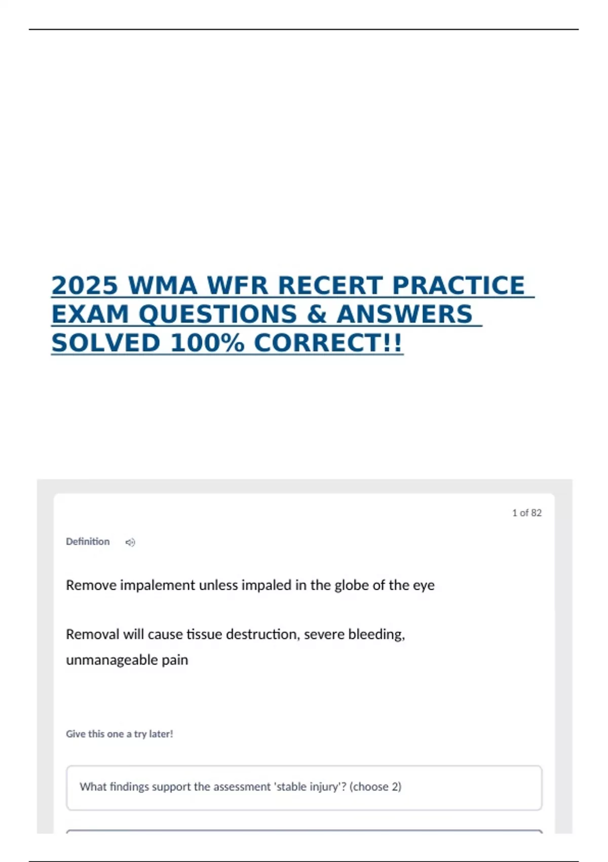 2025 WMA WFR RECERT PRACTICE EXAM QUESTIONS & ANSWERS SOLVED 100% CORRECT!! - WMA WFR - Stuvia US