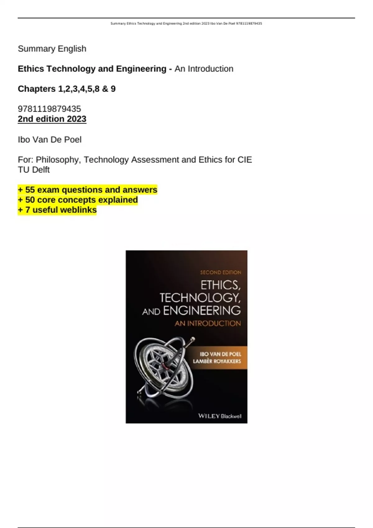 Summary Ethics Technology and Engineering - An Introduction - Ibo Van De Poel - nd edition 2023 ...