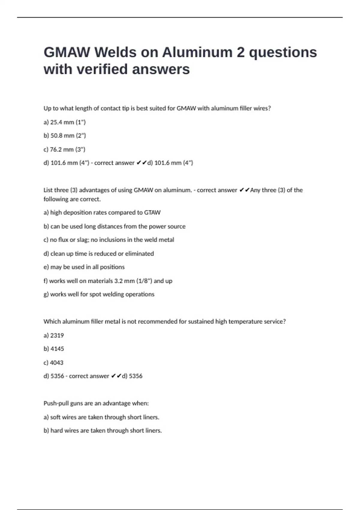 GMAW Welds on Aluminum 2 questions with verified answers - GMAW - Stuvia US