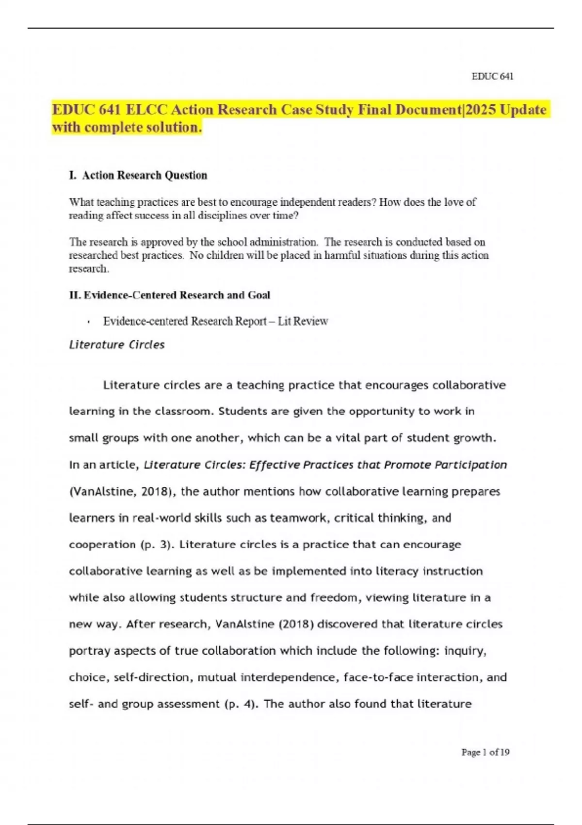 EDUC 641 ELCC Action Research Case Study Final Document|2025 Update with complete solution ...