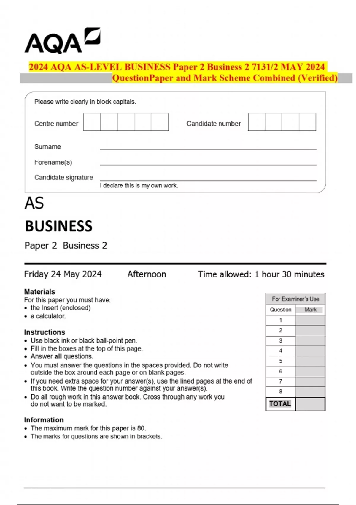 AQA EXAM 2024 Question Paper and Mark Scheme combined (Verified) - AQA ...