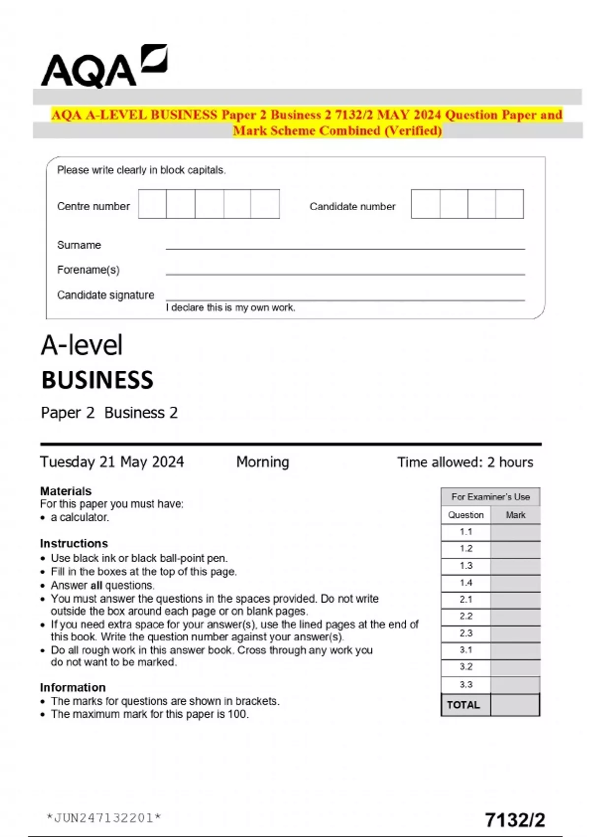 AQA EXAM 2024 Question Paper and Mark Scheme combined (Verified) - AQA ...