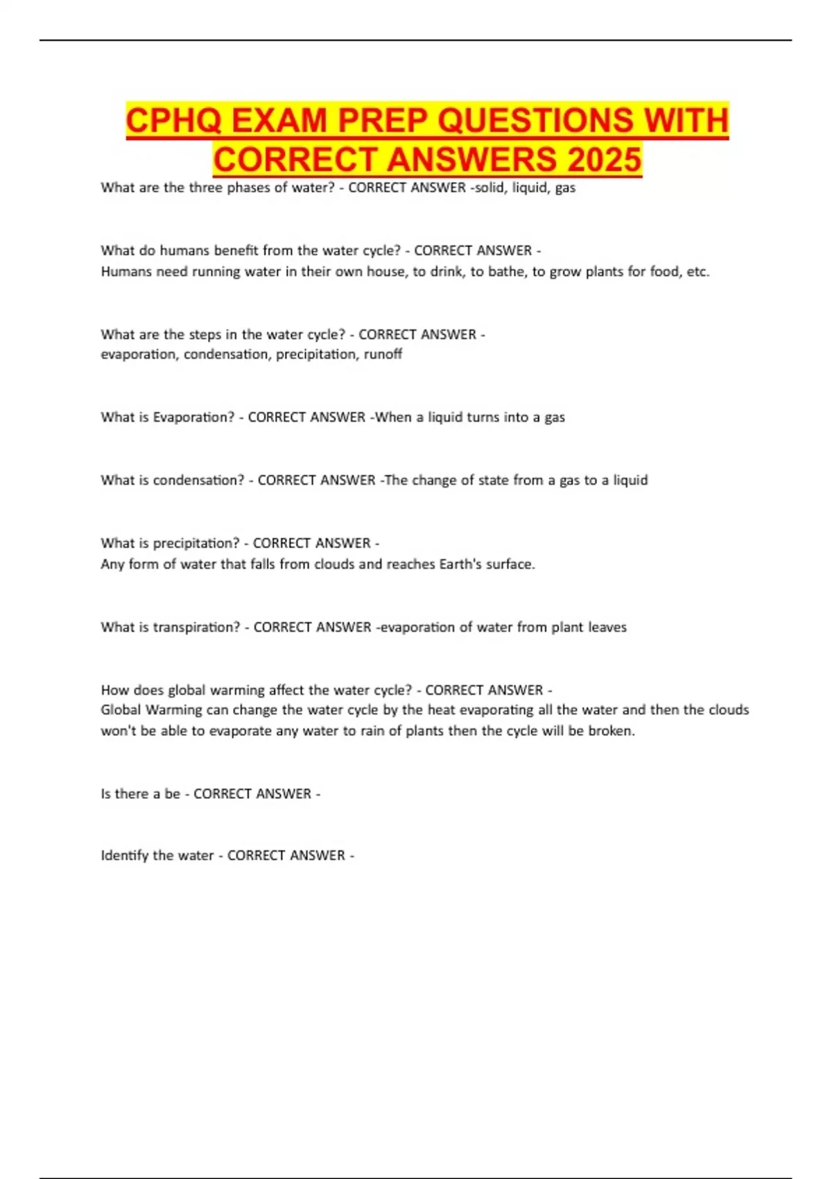 CPHQ EXAM PREP QUESTIONS WITH CORRECT ANSWERS 2025 - CPHQ - Stuvia US