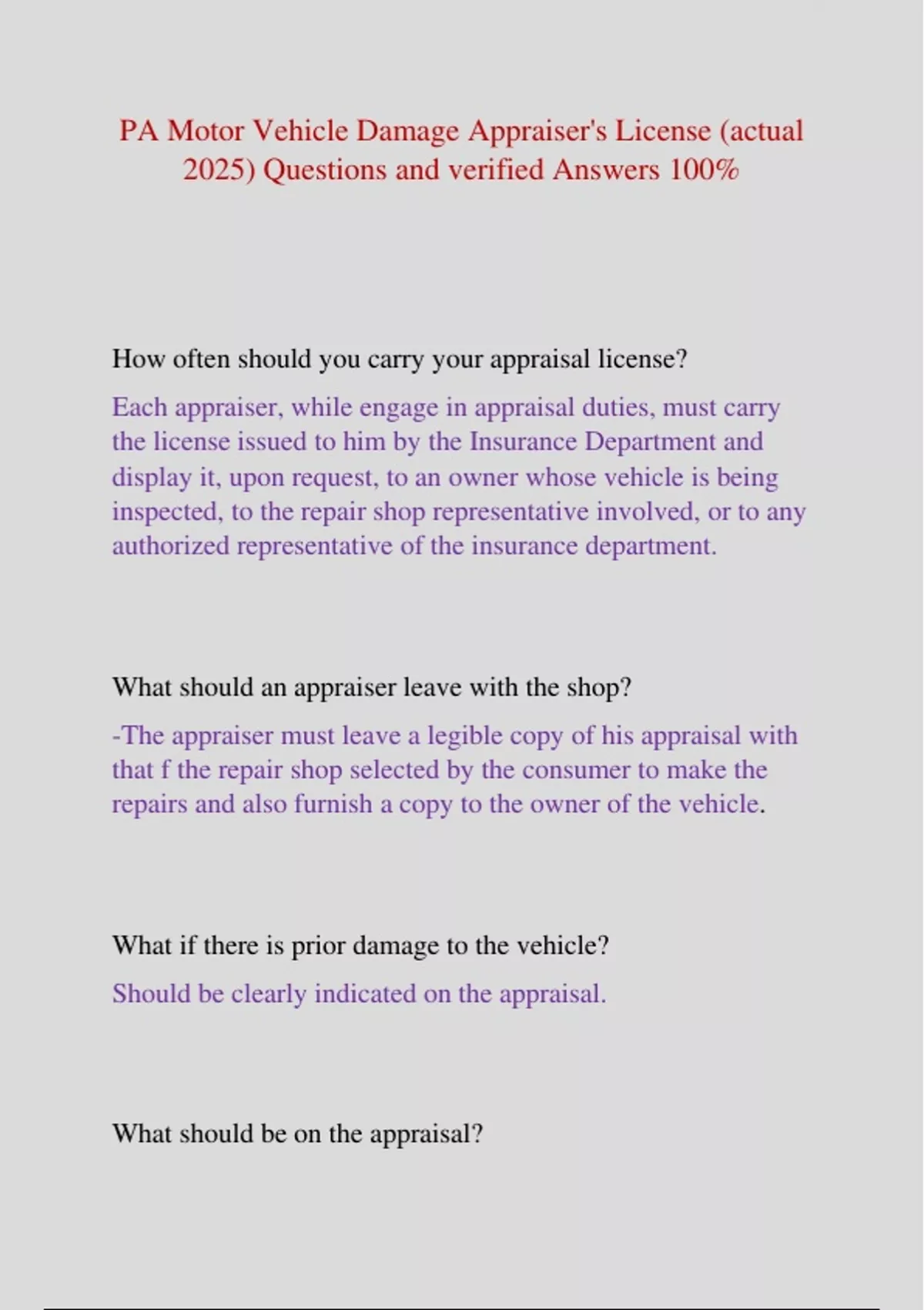 PA Motor Vehicle Damage Appraiser's License (actual 2025) Questions and ...