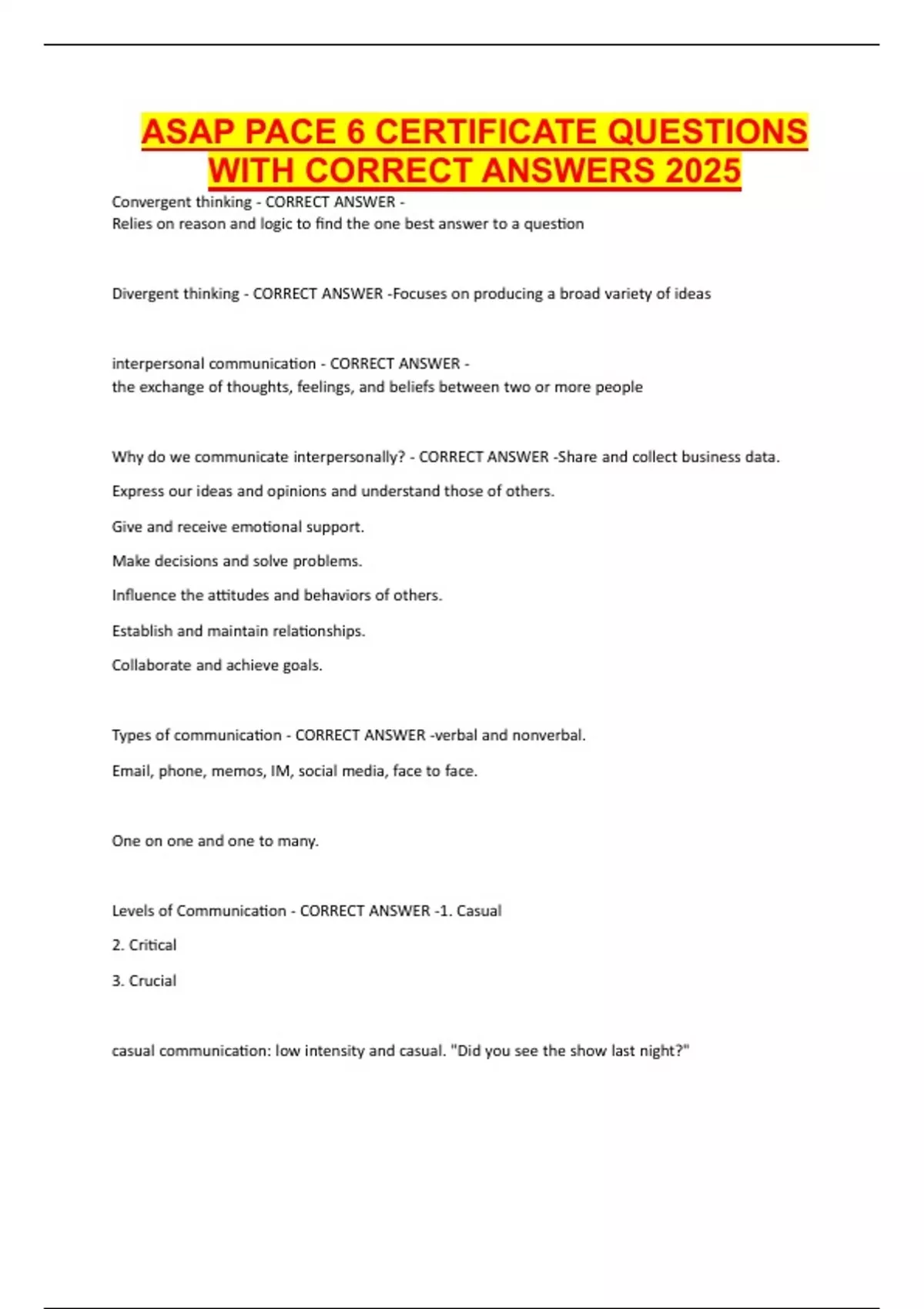 ASAP PACE 6 CERTIFICATE QUESTIONS WITH CORRECT ANSWERS 2025 - ASAP PACE ...