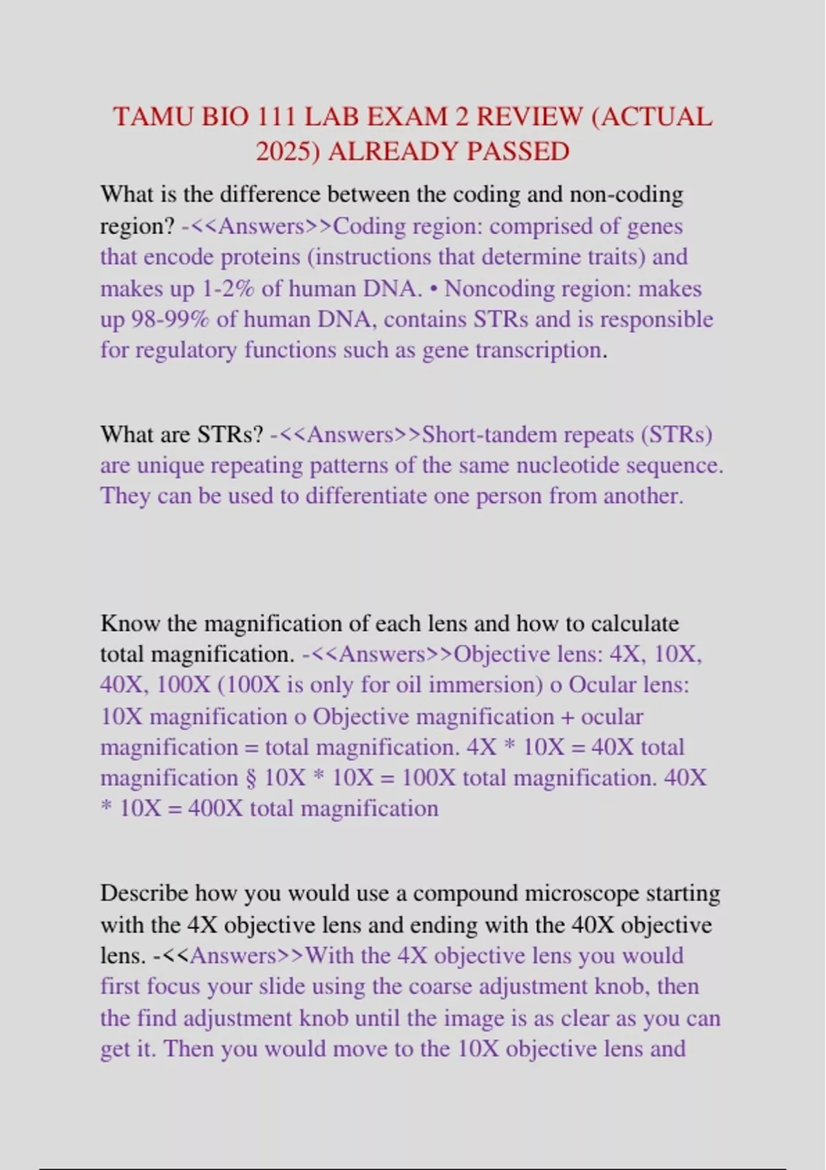 TAMU BIO 111 LAB EXAM 2 REVIEW (ACTUAL 2025) ALREADY PASSED - TAMU BIO ...