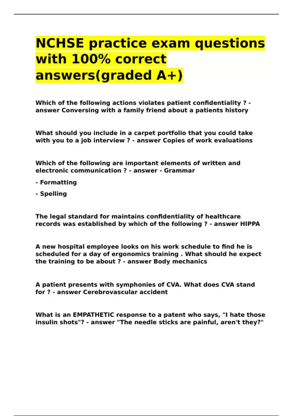 NCHSE practice exam questions with 100- correct answers(graded A+ ...