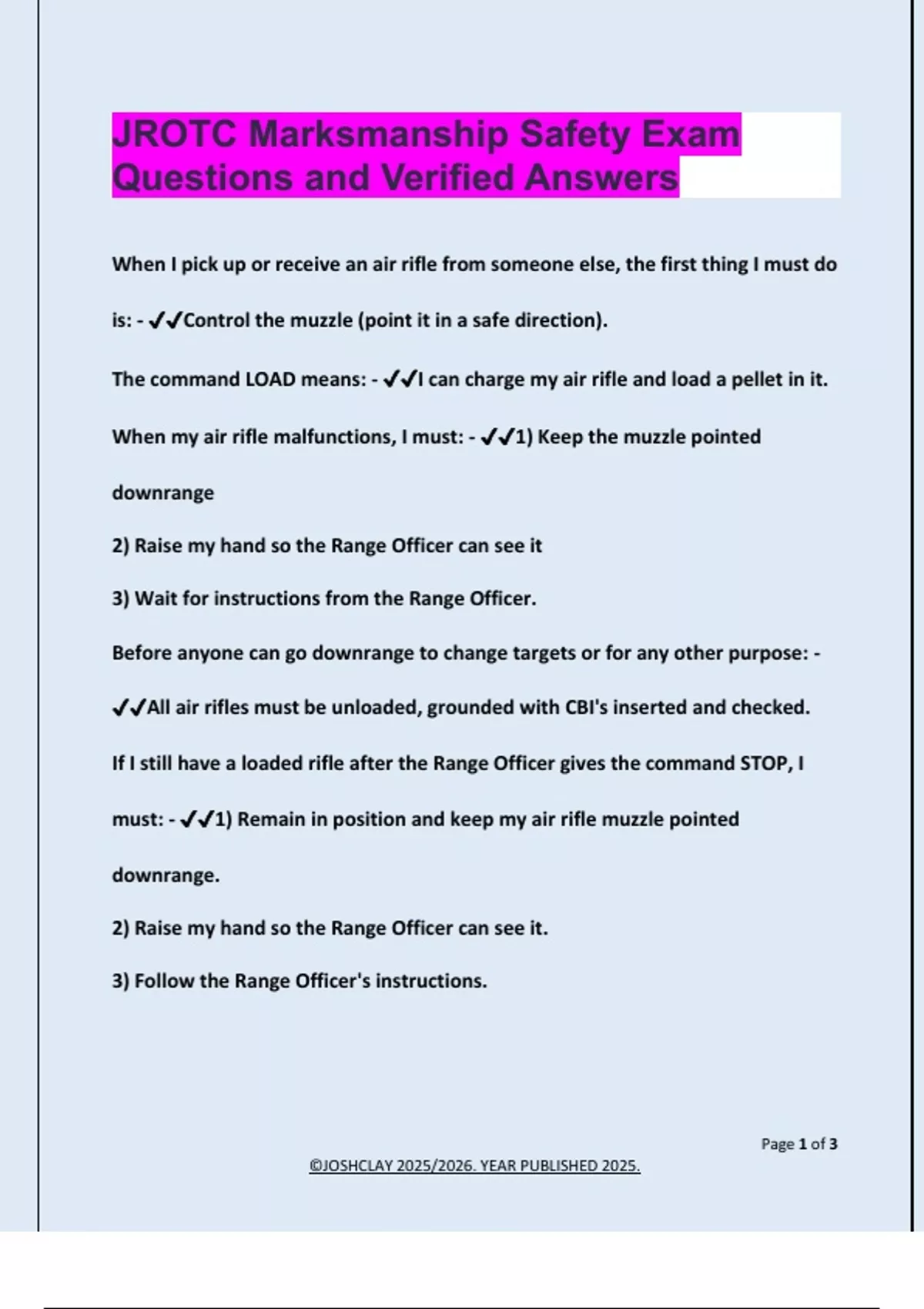 JROTC Marksmanship Safety Exam Questions and Verified Answers - JROTC ...
