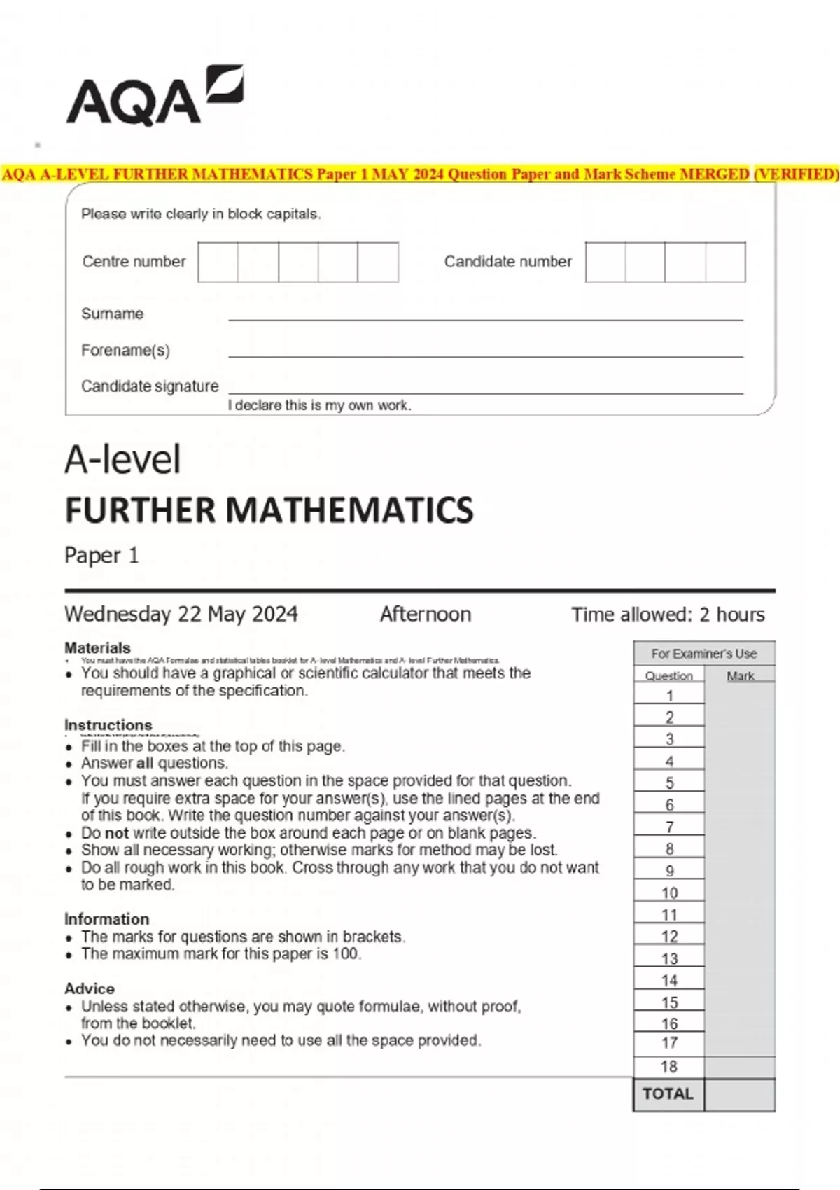 AQA EXAM 2024 Question Paper and Mark Scheme combined (Verified) - AQA ...