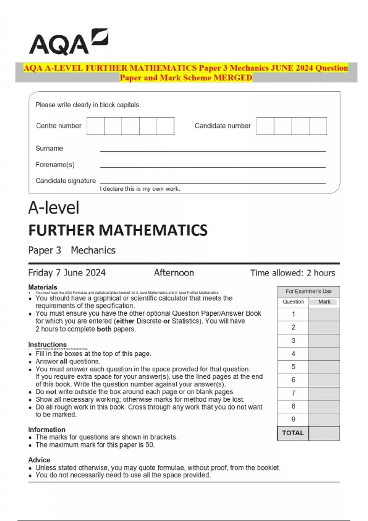 AQA EXAM 2024 Question Paper and Mark Scheme combined (Verified) - AQA ...